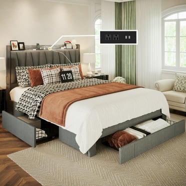 Homfa Full Size Bed Frame with Storage, 4 Drawers, Button Tufted ...