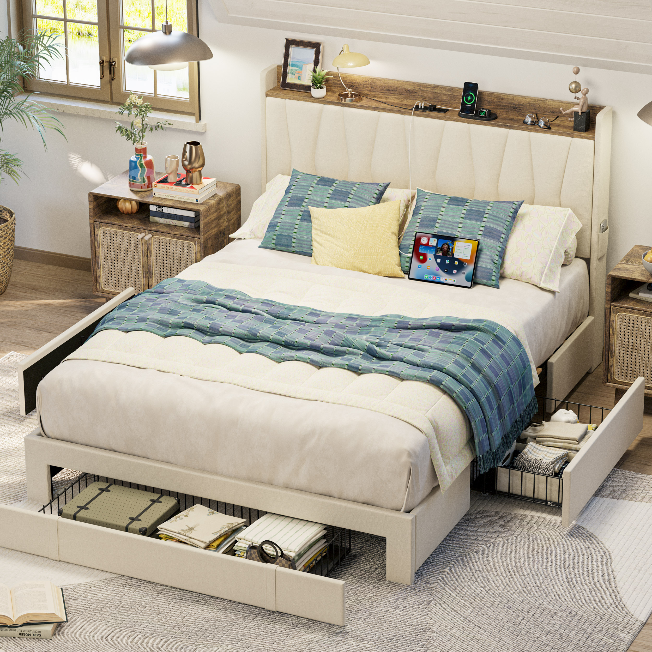 EnHomee Upholstered Full Size Bed Frame with Headboard and Storage ...