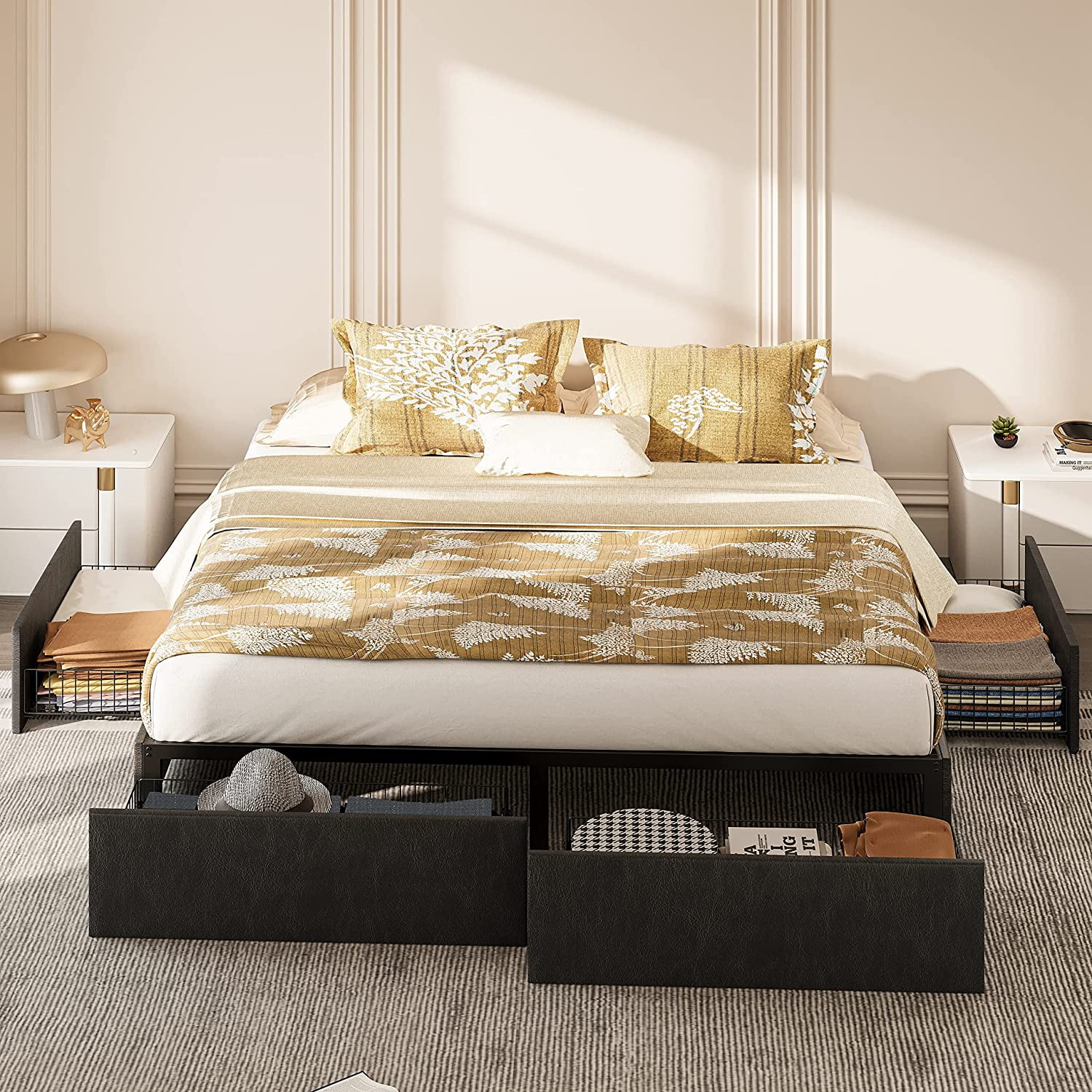 ANCTOR Queen Bed Frame with 4 Drawers Faux Leather Upholstered Platform ... ANCTOR Queen Bed Frame with 4 Drawers Faux Leather Upholstered Platform ...