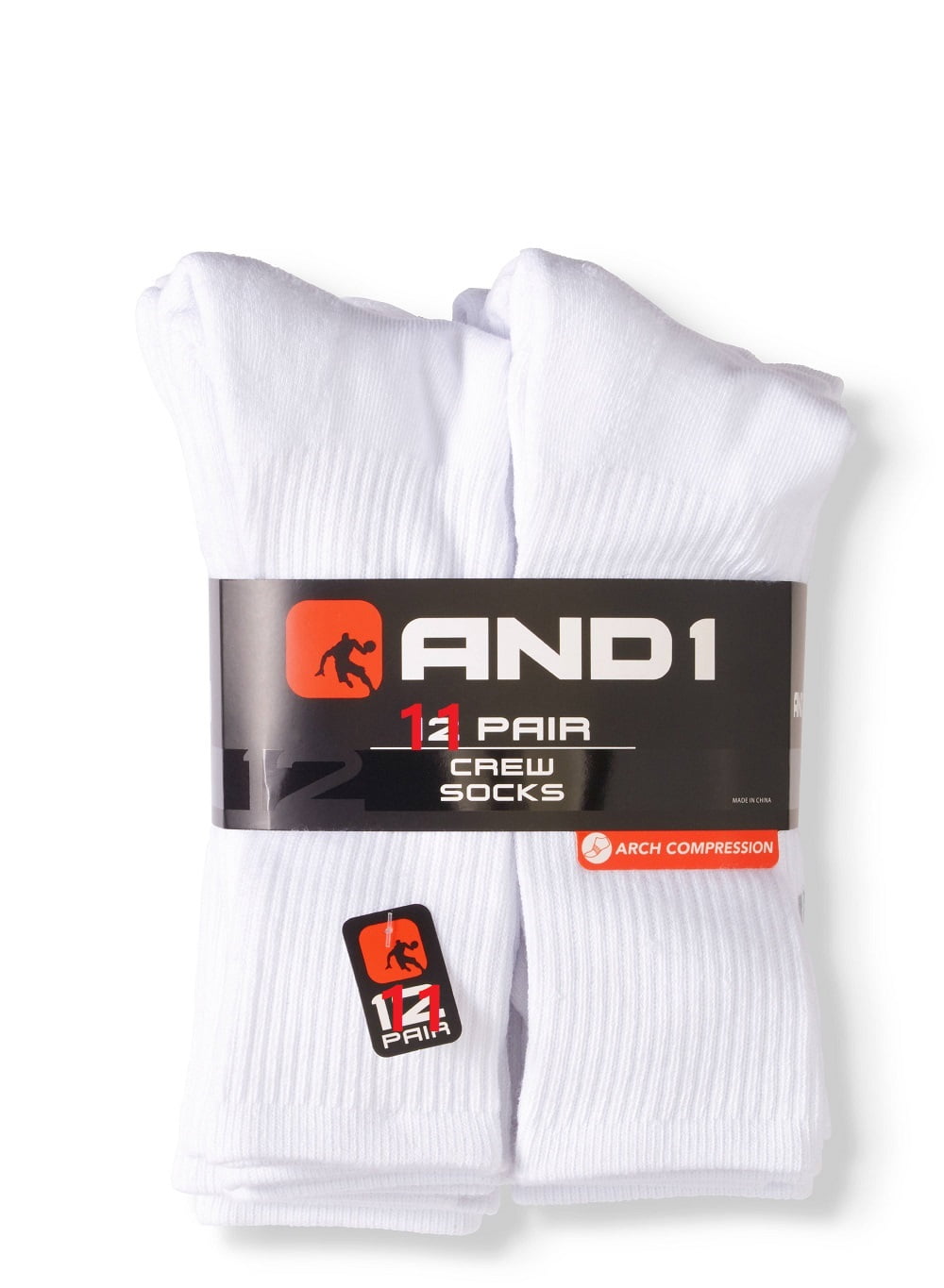 AND1® Men's Crew Socks 12 pack "ARCH COMPRESSION~Reinforced heel and ...