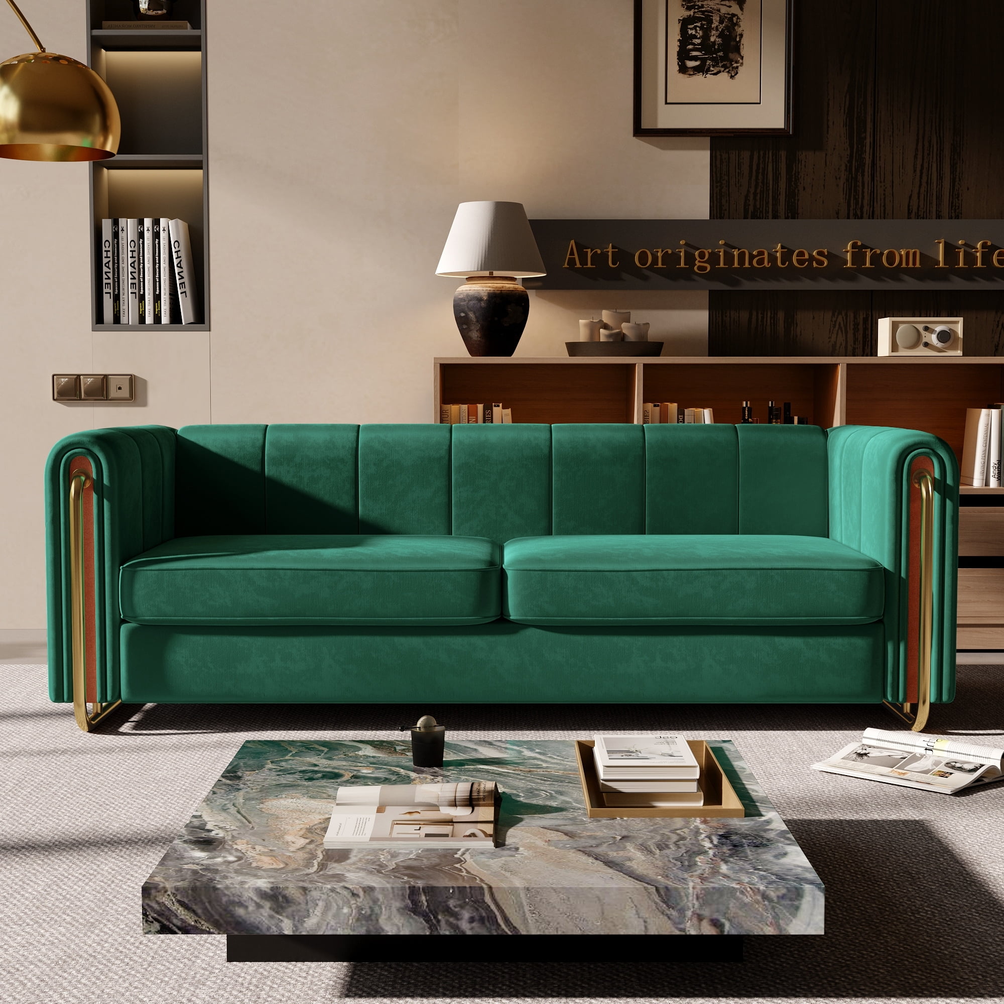 ANDEONLINE IN Modern Channel Tufted Velvet Sofa with Piped Legs Green ...