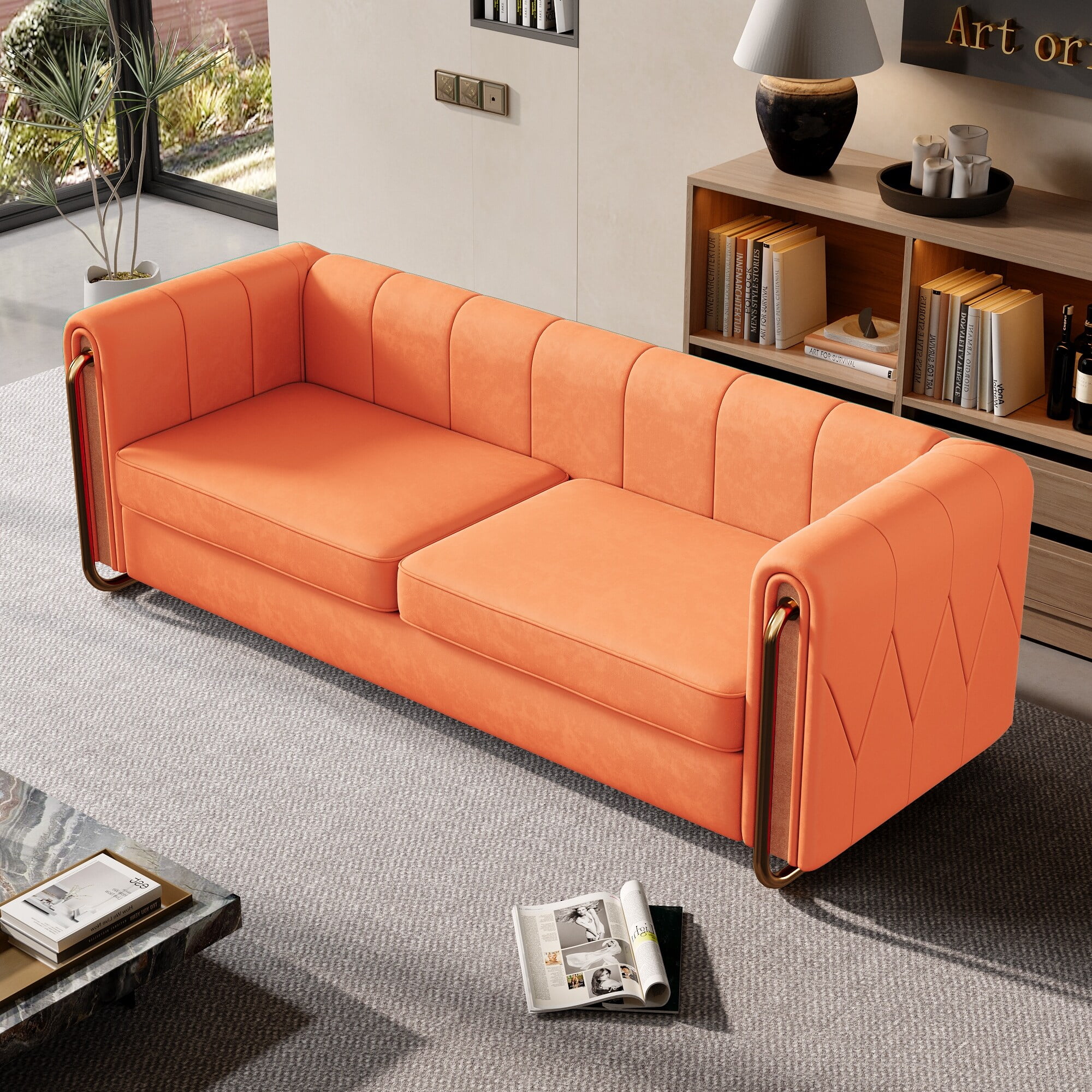 ANDEONLINE IN Modern Channel Tufted Velvet Sofa with Piped Legs Orange ...