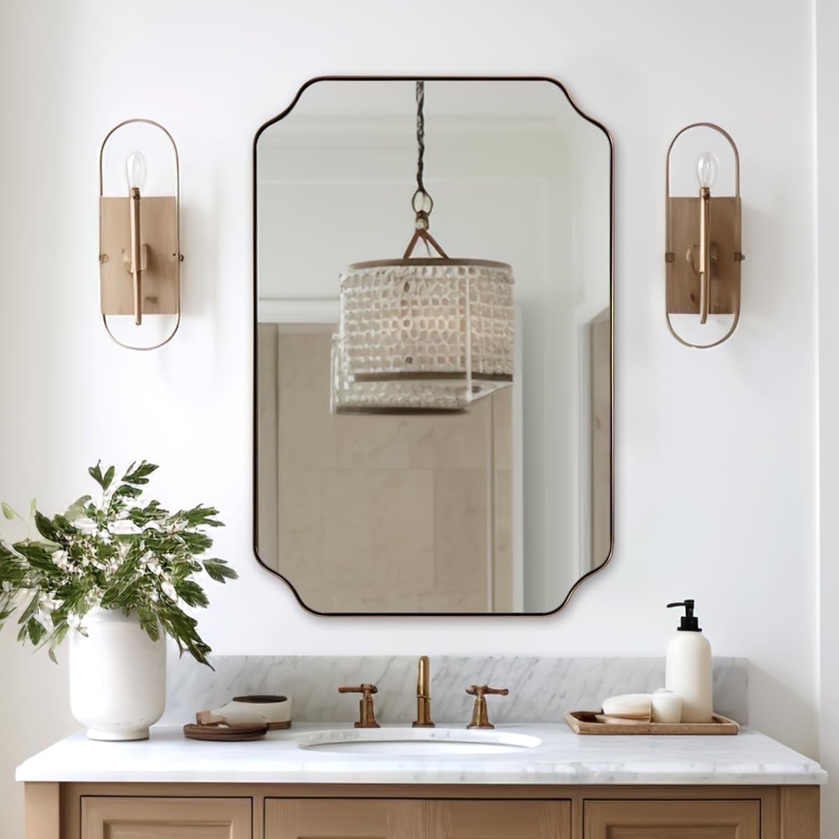 ANDY STAR 24"x36" Gold Mirror, Brushed Brass Scalloped Wall Mirror ...