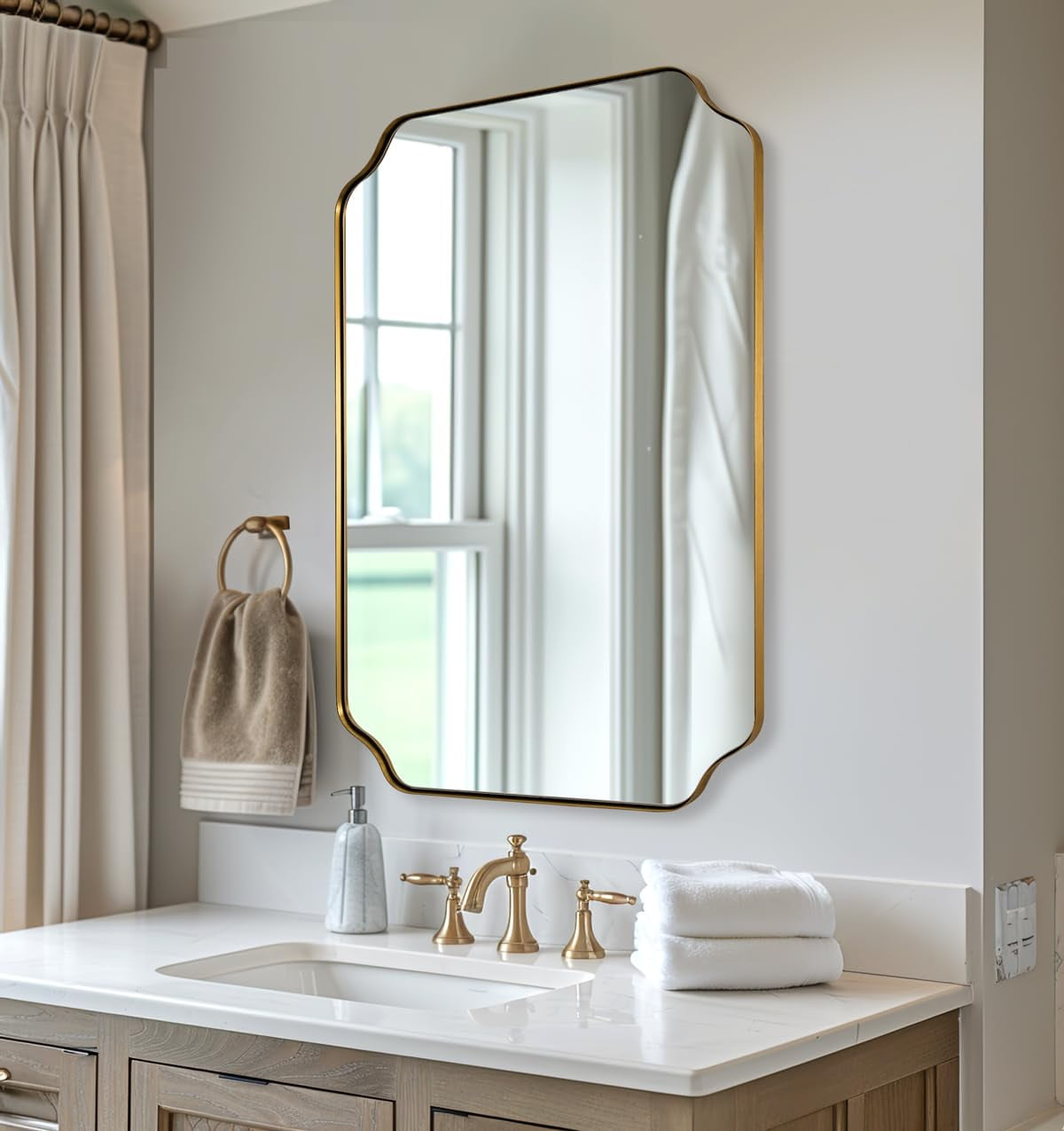 ANDY STAR 26"x38" Gold Mirror, Brushed Brass Scalloped Wall Mirror ...