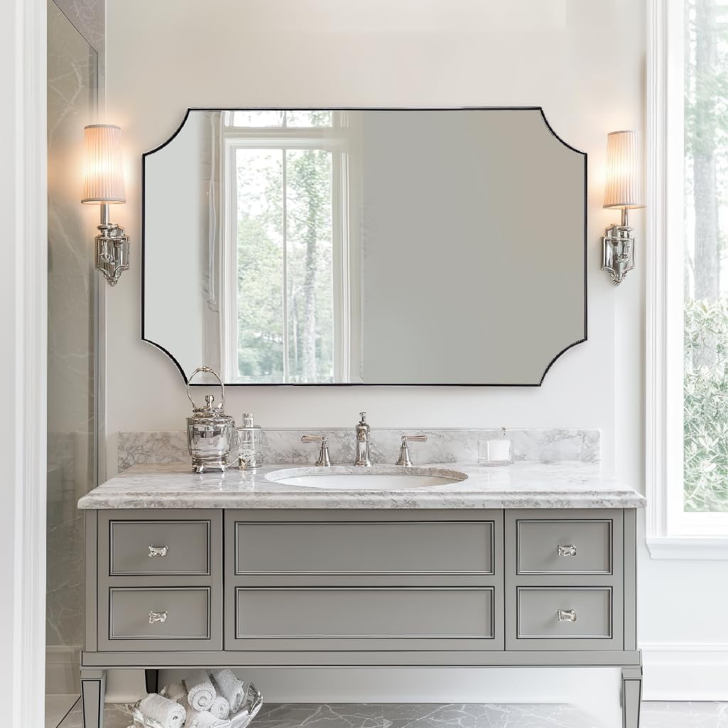 ANDY STAR 30x48 Inch Chrome Mirror, Large Scalloped Bathroom Mirror ...