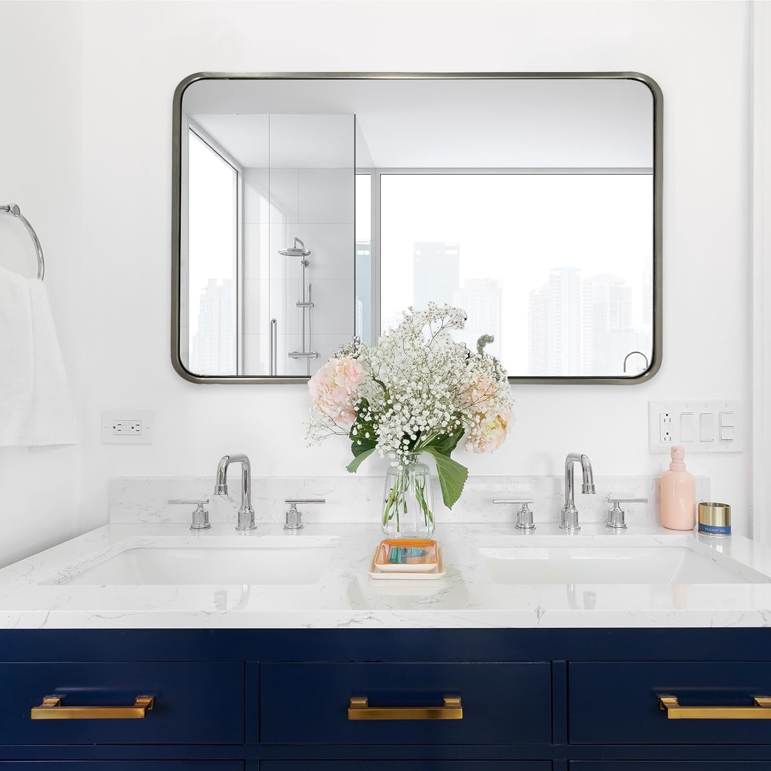 ANDY STAR 48”X30” Brushed Nickel Mirrors for Bathroom, Modern Rounded ...