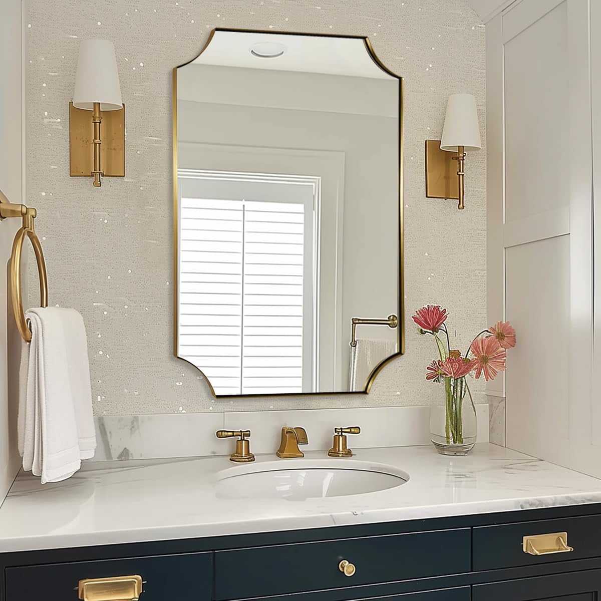 ANDY STAR Brushed Gold Rectangle Mirror, 24x36 Inch Scalloped Bathroom ...