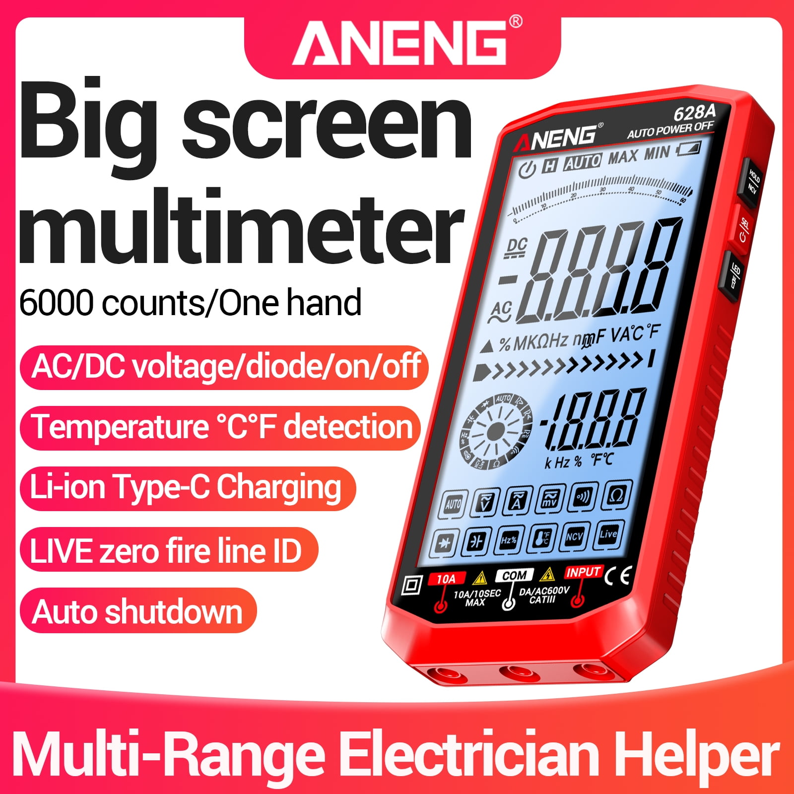 ANENG 628A Digital Multimeter 6000 Counts with Type-C Charging 4.5 ...