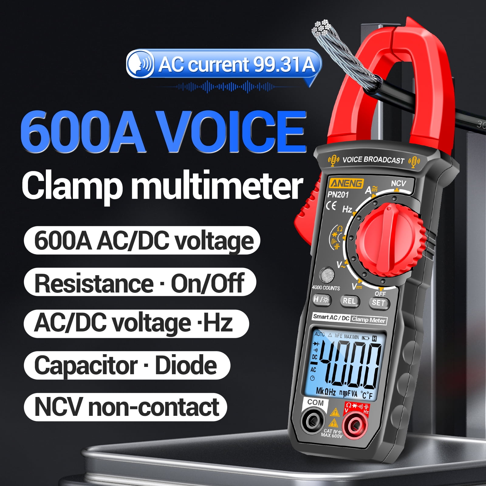 ANENG PN201 Voice Meters Digital Clamp Meter Multimeter Tester, 4000 ...