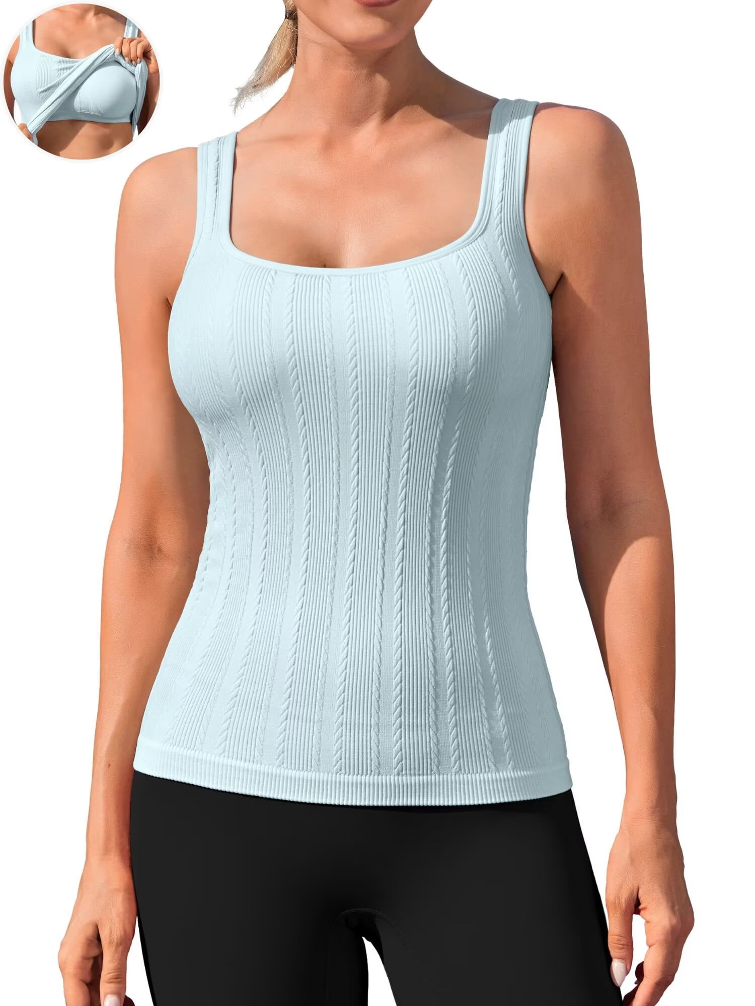ANFERRY Workout Ribbed Tank Tops for Women Square Neck Seamless ...