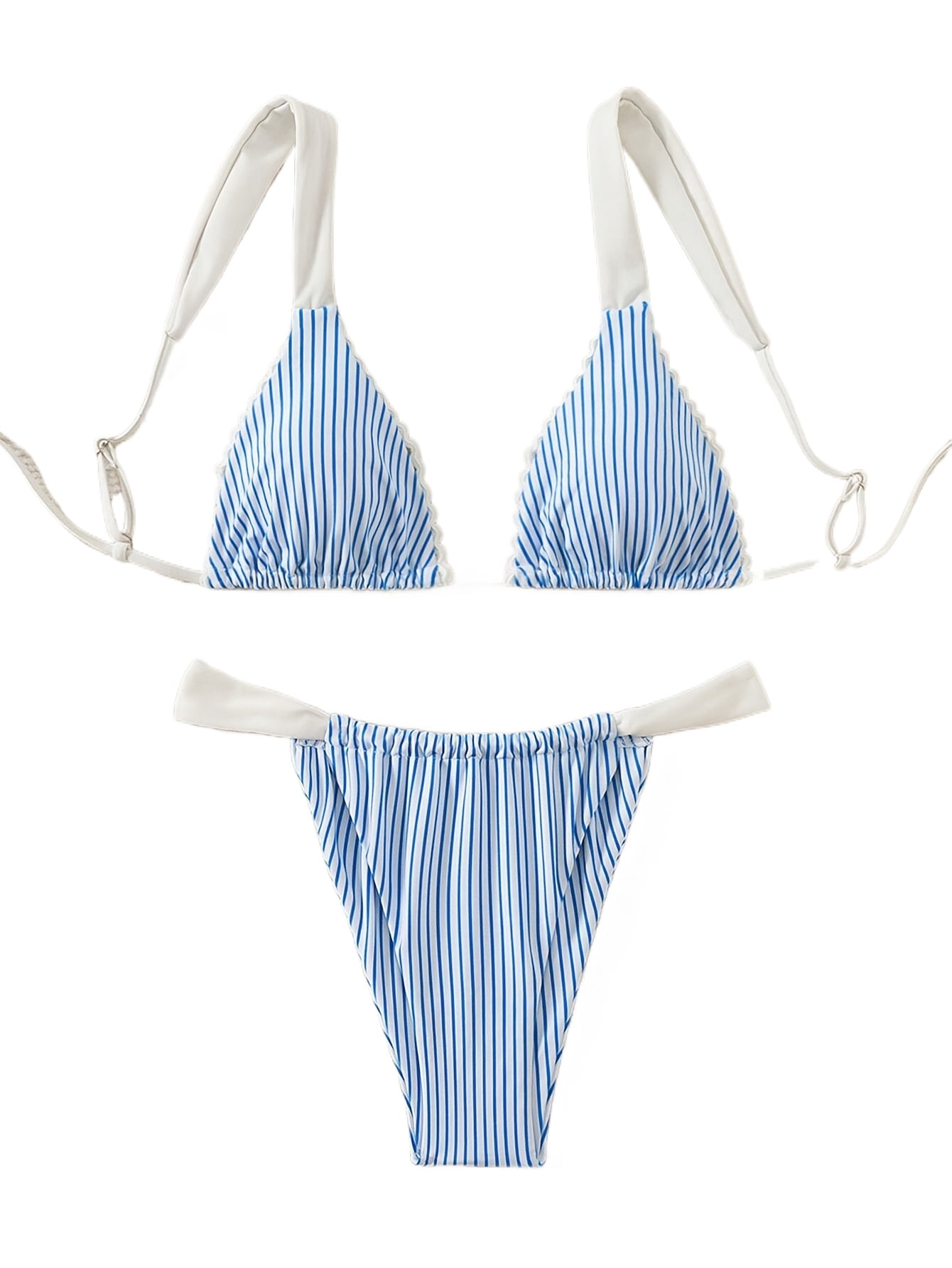 ANFUZAI Blue White Vertical Stripe Triangle Halter Bikini Set Scalloped ...