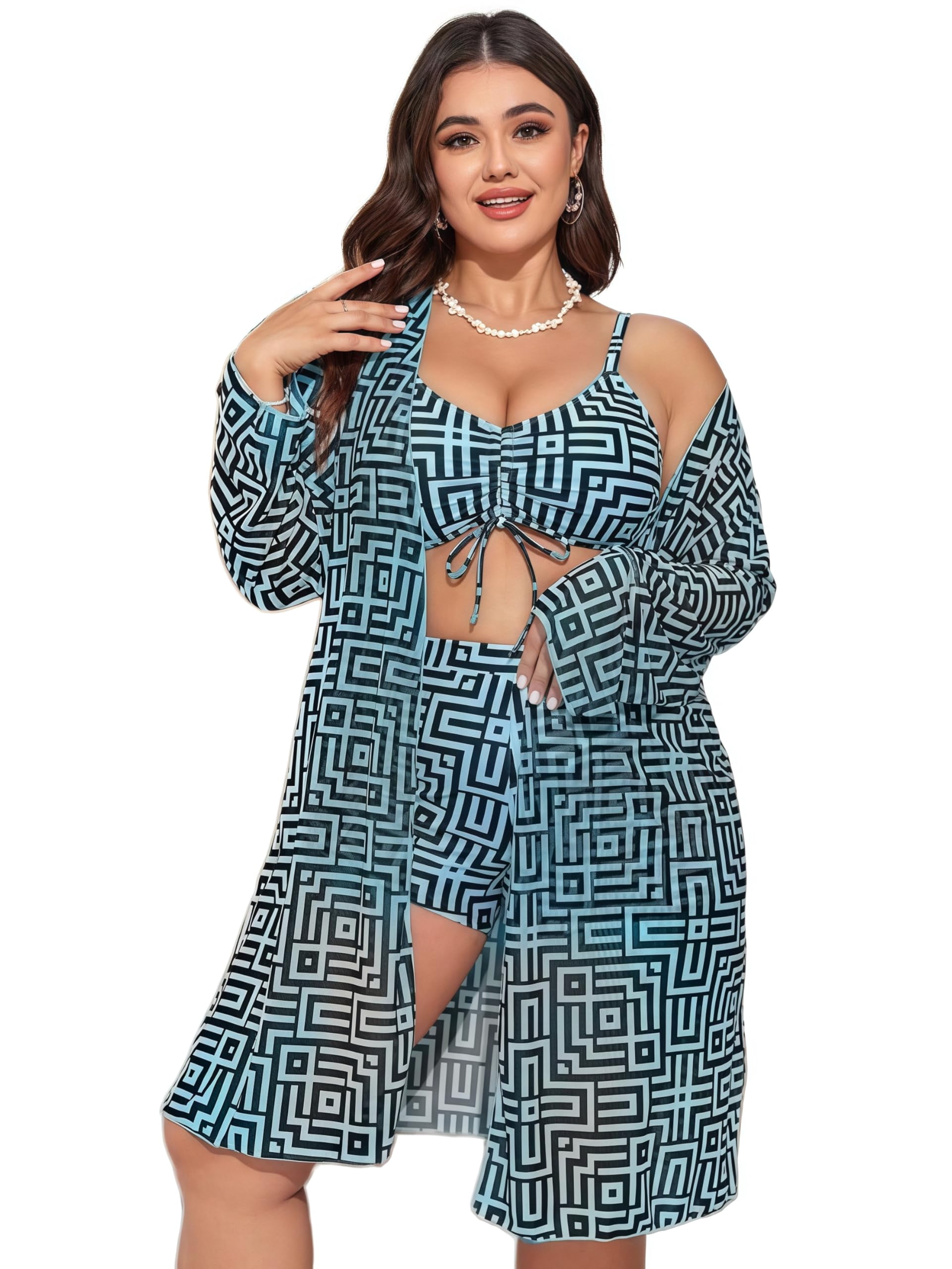 ANFUZAI Plus Size 3 Piece Swimsuit, Geometric Print Bikini Set with ...