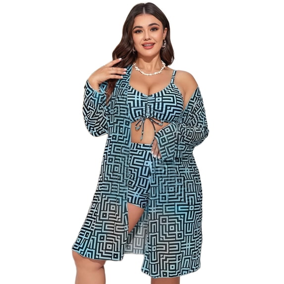 ANFUZAI Plus Size 3 Piece Swimsuit, Geometric Print Bikini Set with ...