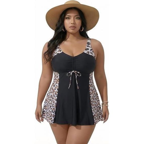 ANFUZAI Plus Size Control Tankini Swimsuit Black Leopard Print ...