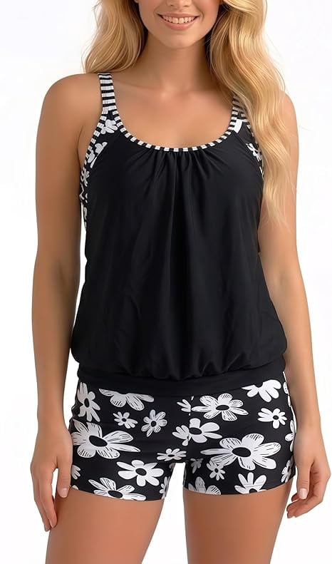 ANFUZAI Turquoise Floral Print Tankini Set - Blouson Tank Top with ...