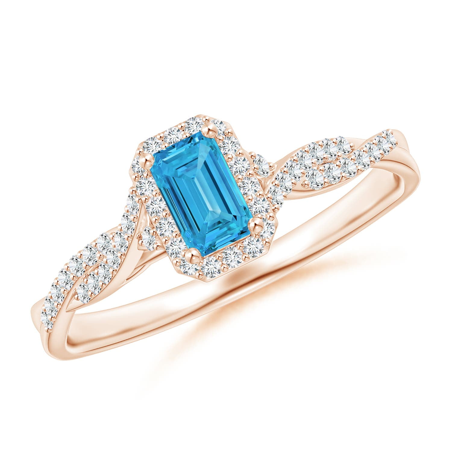 ANGARA Lab Grown Blue Diamond Halo Twisted Shank Ring for Women in 14K ...