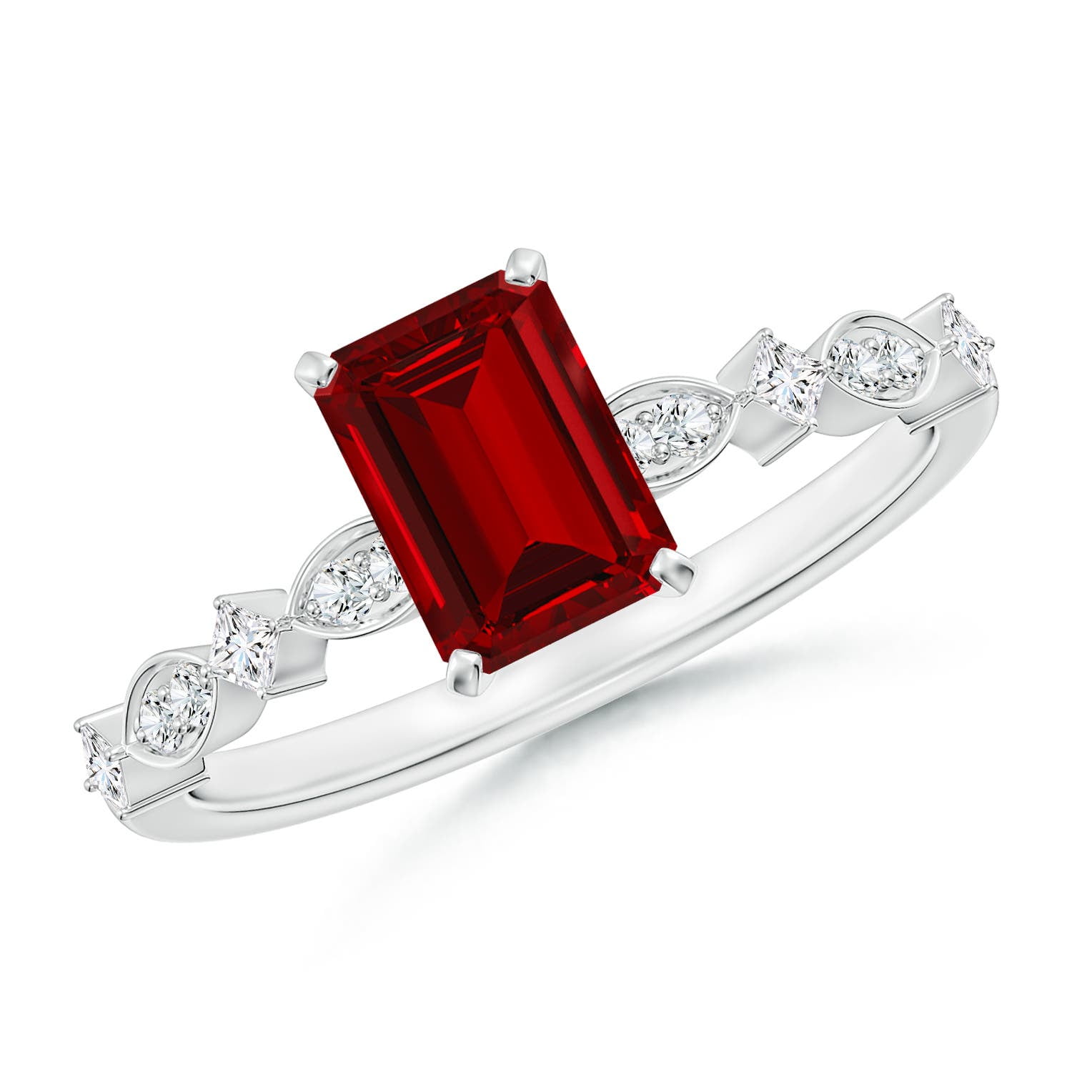 ANGARA Emerald-Cut Lab Grown 1 Ct Ruby Engagement Ring with Marquise Motifs for Women in 14K ...