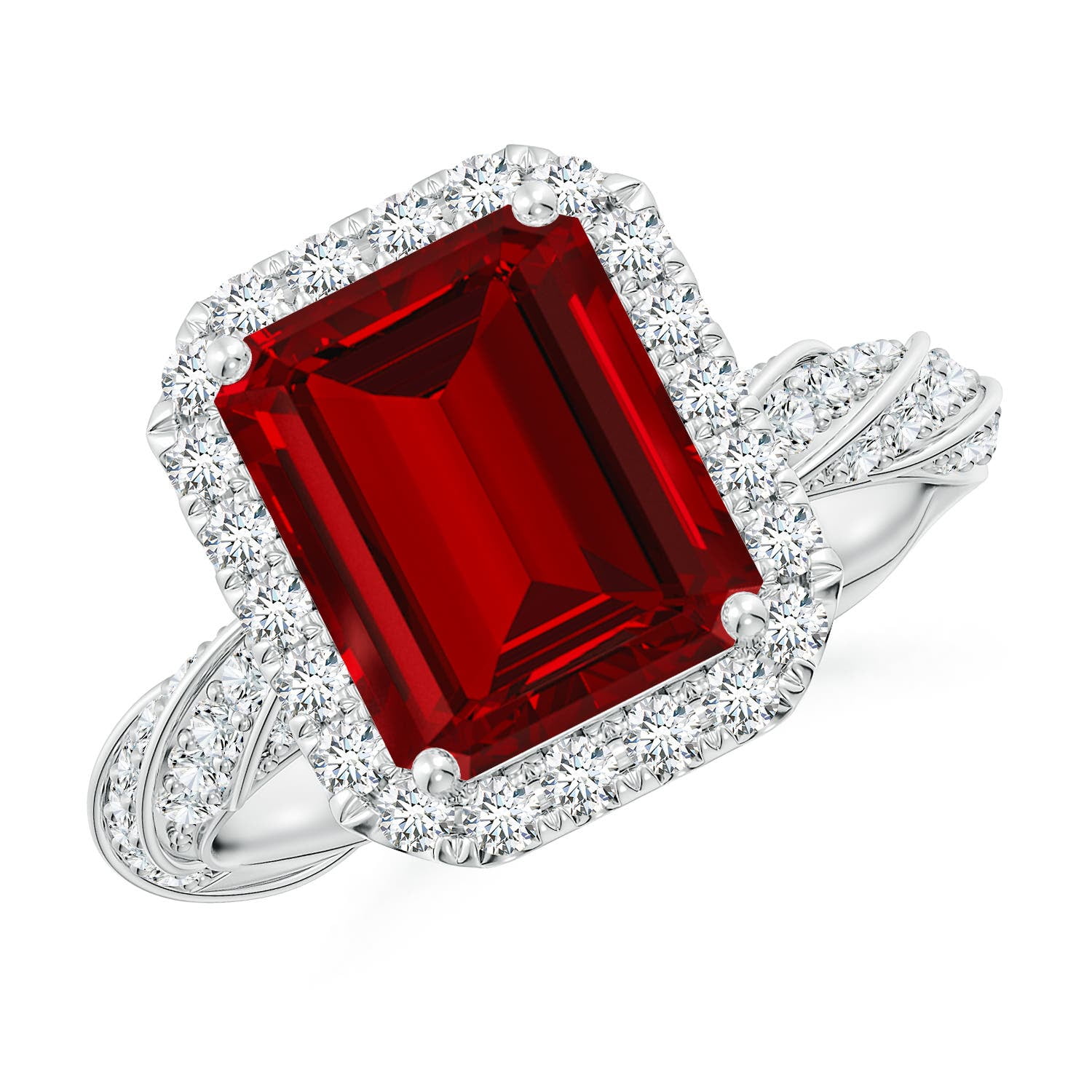ANGARA Emerald-Cut Lab Grown 4 Ct Ruby Halo Twisted Rope Shank ...