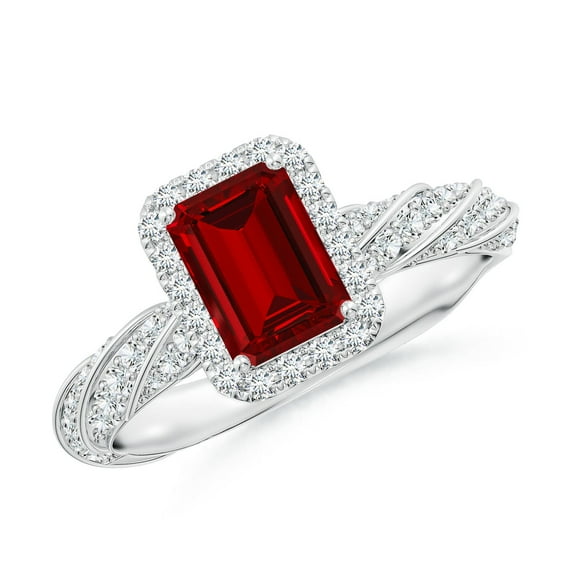 ANGARA Emerald-Cut Lab Grown 1 Ct Ruby Halo Twisted Rope Shank ...
