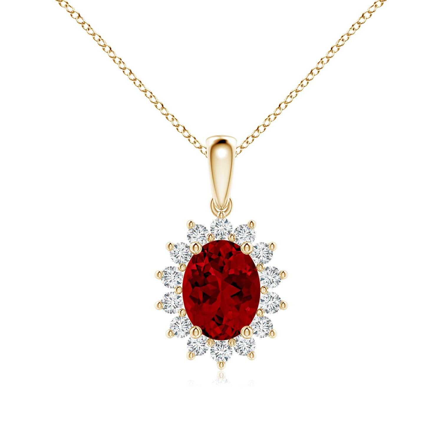 ANGARA Lab Grown 2 Ct Oval Ruby Pendant with Floral Halo for Women in 14K Yellow Gold (Size ...
