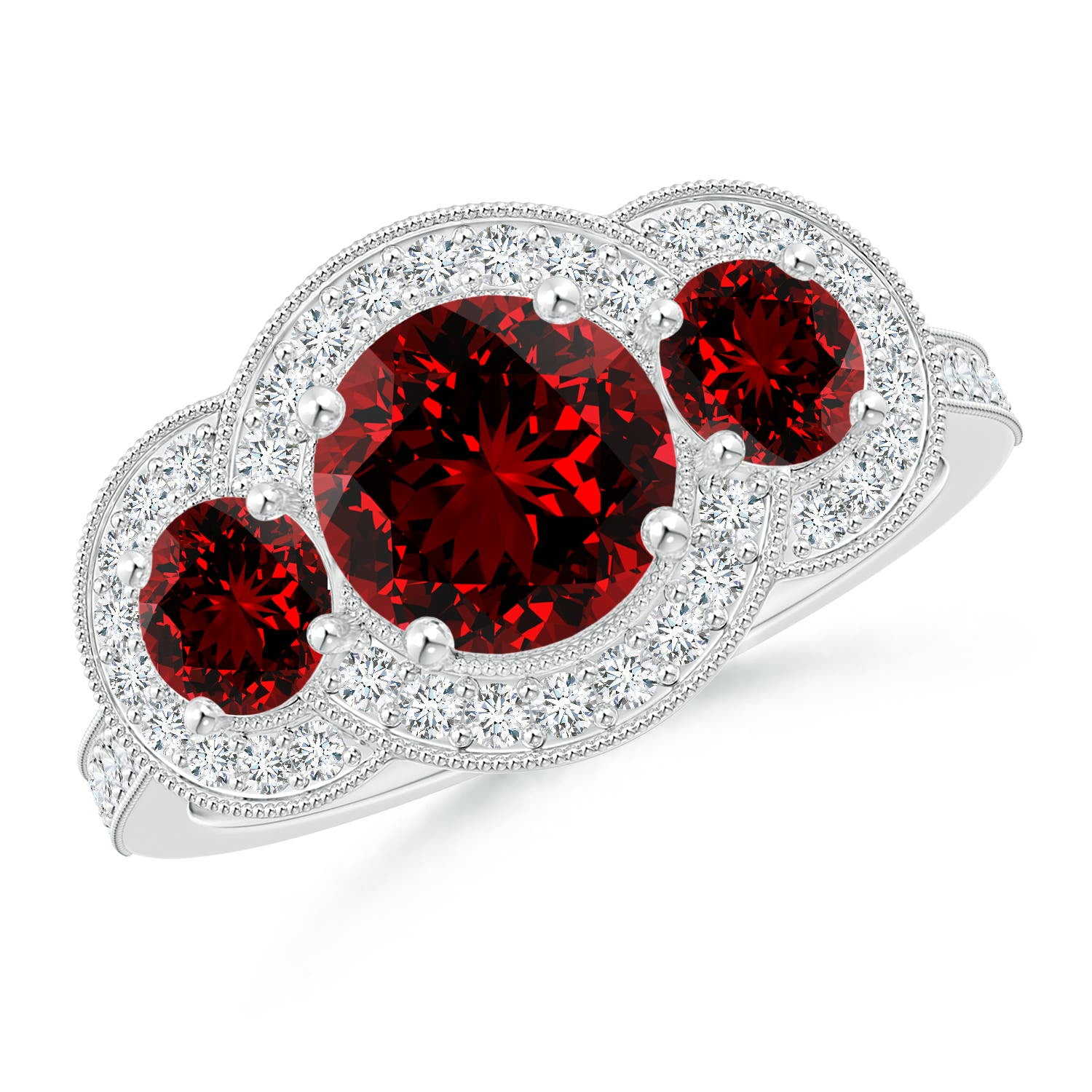 ANGARA Lab Grown 1.4 Ct Aeon Ruby 3 Stone Engagement Ring with Milgrain for Women in 14K White ...
