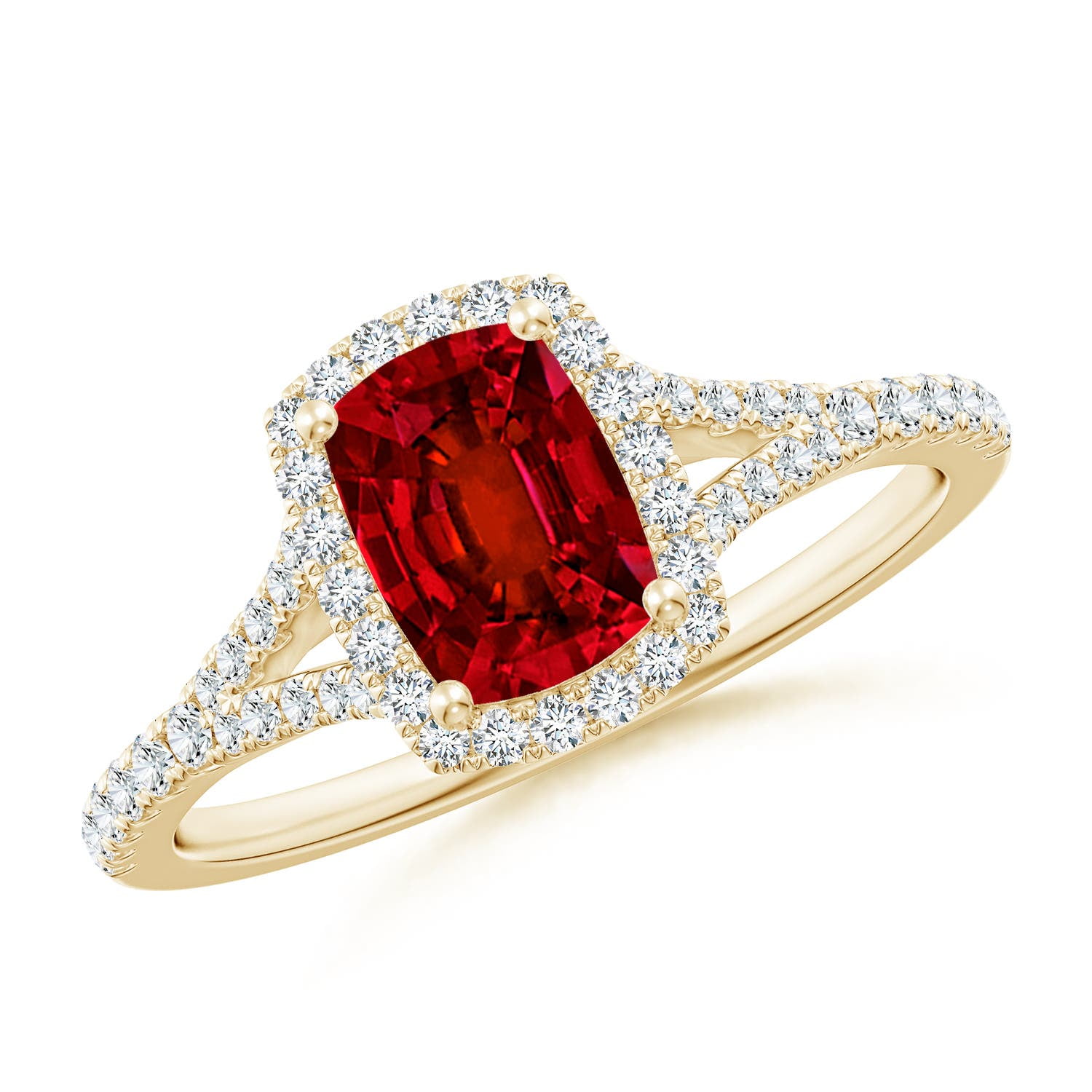 ANGARA Lab Grown Cushion Rectangular Ruby Halo Split Shank Engagement ...