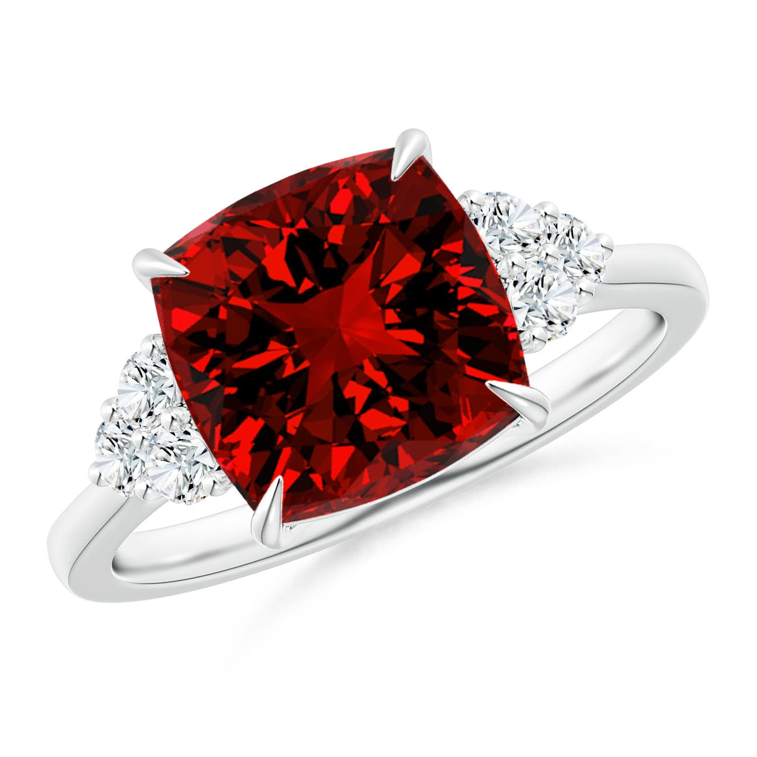 ANGARA Lab Grown 3.8 Ct Cushion Ruby Engagement Ring with Trio Diamonds ...