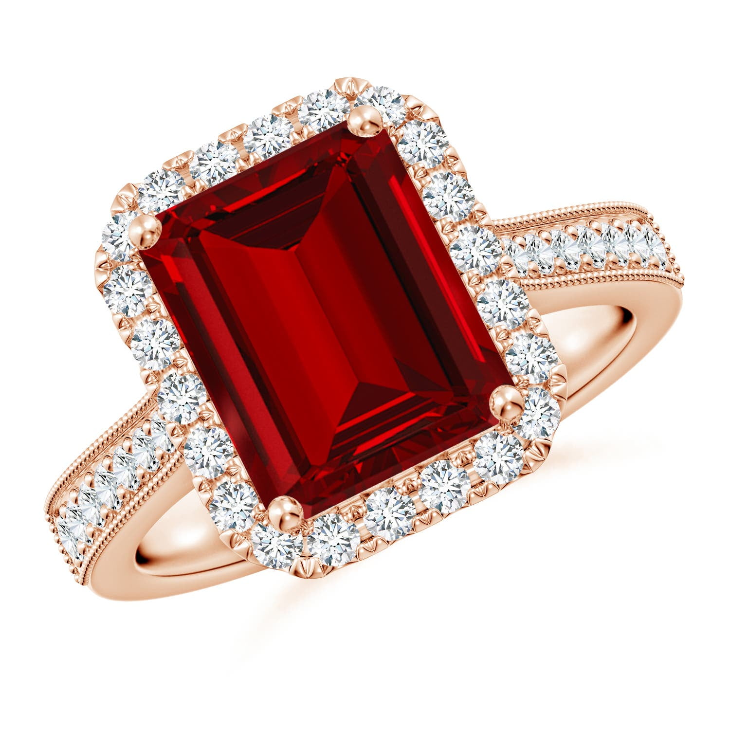 ANGARA Lab Grown 4 Ct Emerald-Cut Ruby Reverse Tapered Shank Halo ...