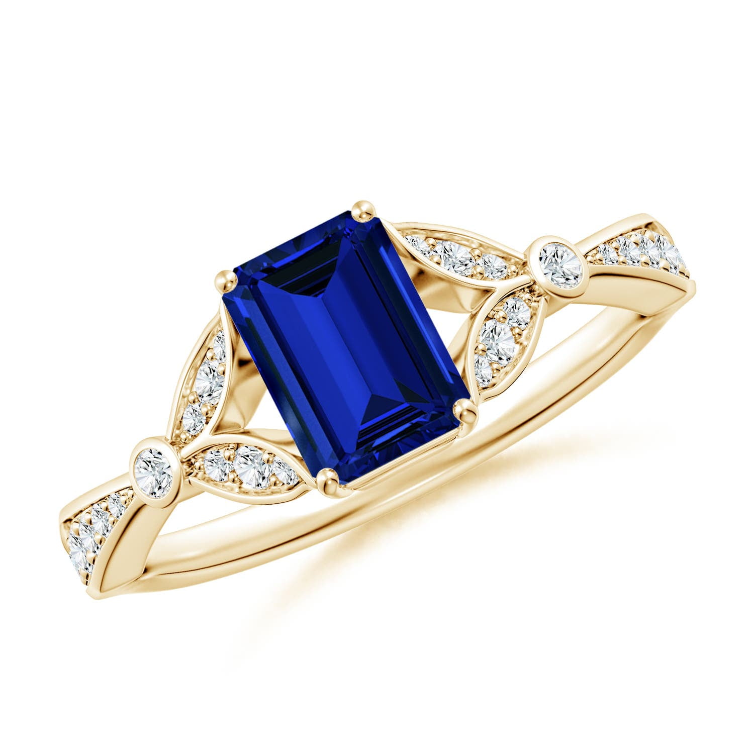 ANGARA Lab-Grown Nature-Inspired Emerald-Cut Blue Sapphire Engagement Ring in 14K Yellow Gold ...
