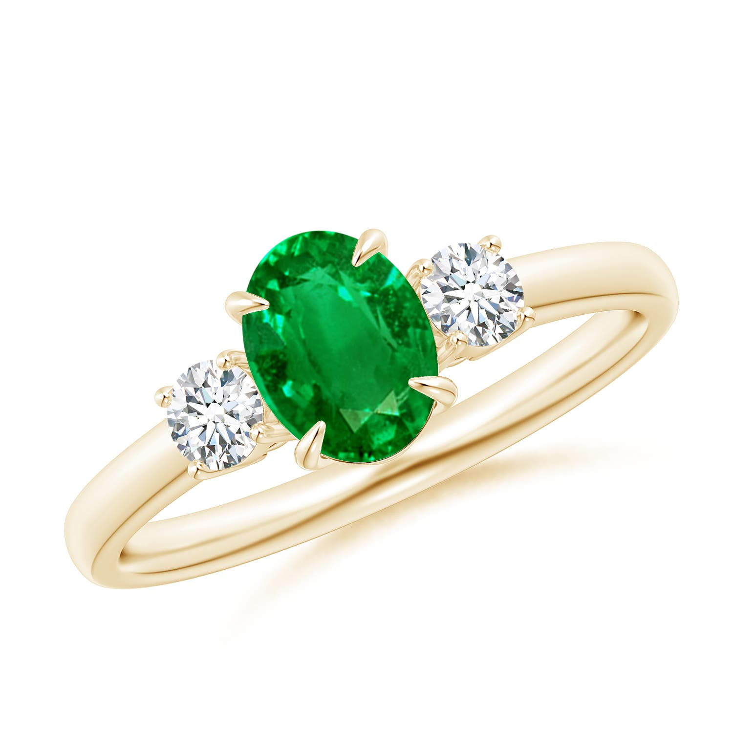 ANGARA Lab Grown Oval Emerald and Round Diamond Three Stone Ring for Women in 14K Yellow Gold ...