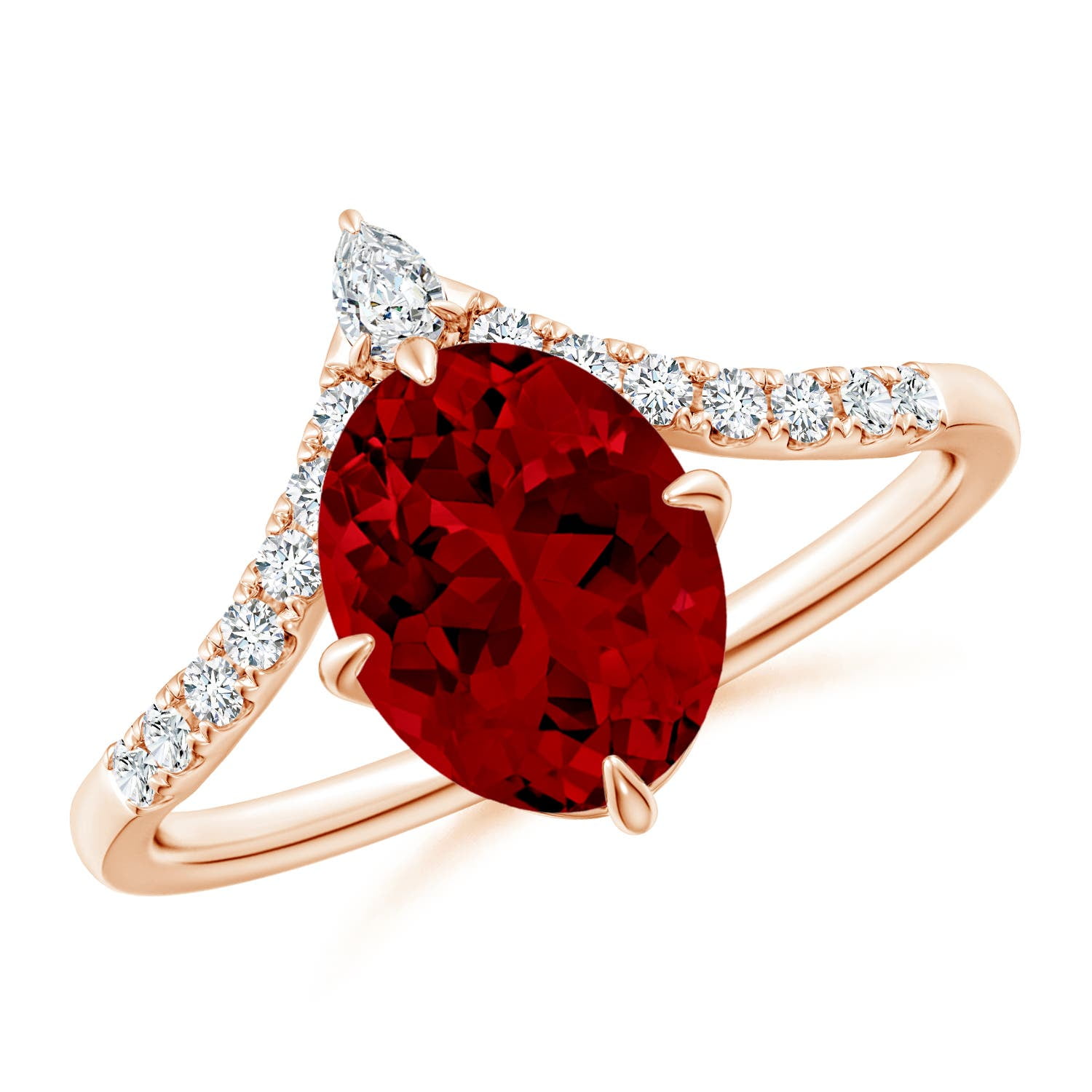 ANGARA Lab Grown 2 Ct Oval Ruby and Diamond Chevron Engagement Ring for Women in 14K Rose Gold ...