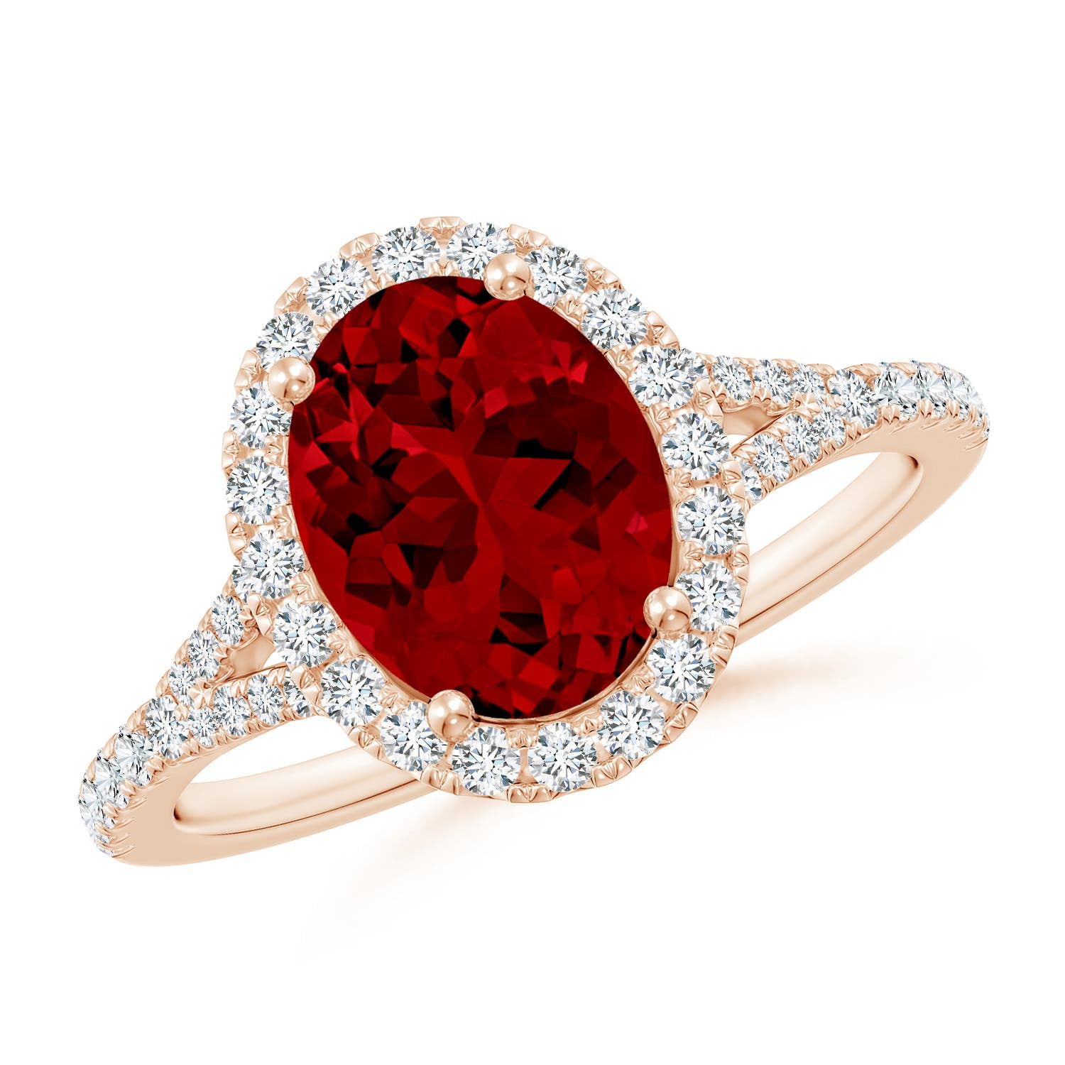 ANGARA Lab Grown 2 Ct Oval Ruby Halo Split Shank Engagement Ring for Women in 14K Rose Gold ...