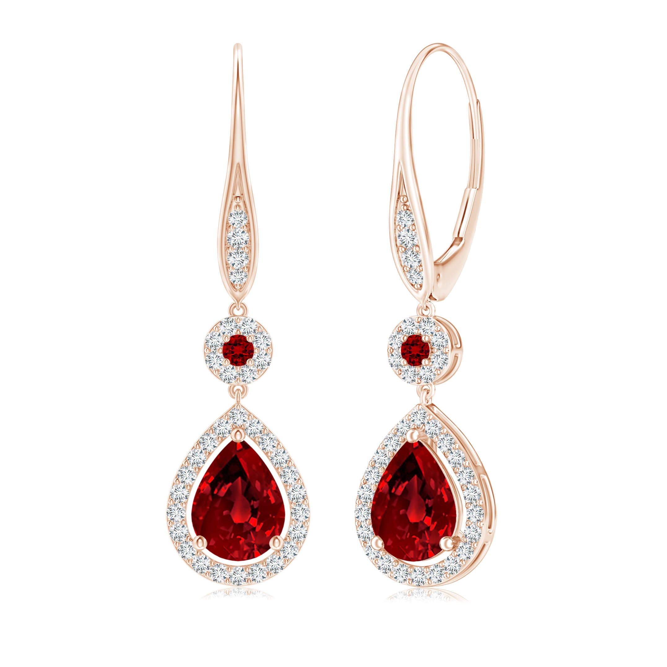 ANGARA Lab Grown Round and Pear Ruby Halo Leverback Earrings for Women ...