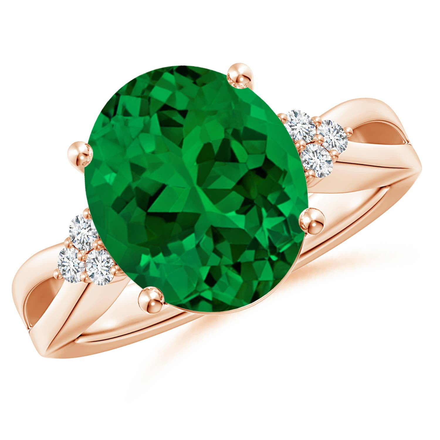 ANGARA Lab Grown 4.51 Ct Emerald Split Shank Engagement Ring with Trio Diamonds for Women in 14K ...