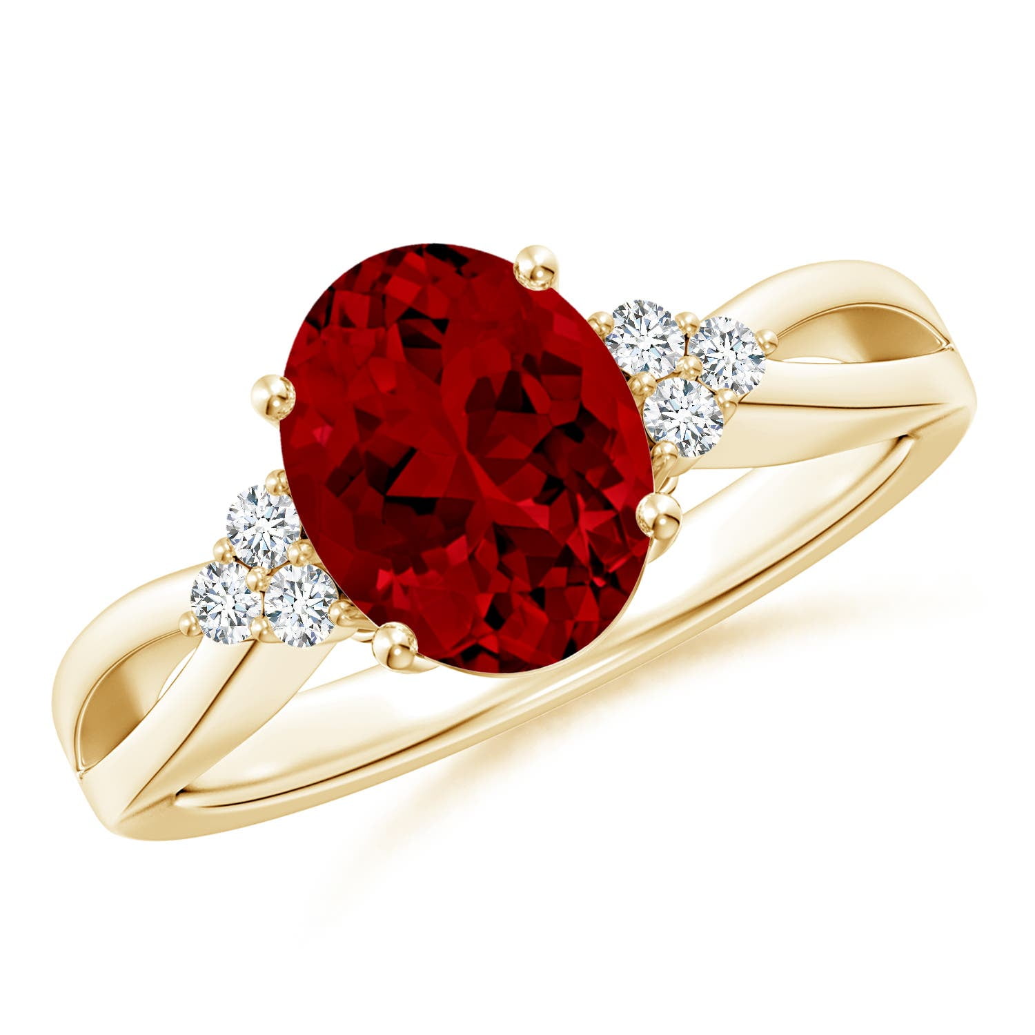 ANGARA Lab Grown 3.3 Ct Ruby Split Shank Engagement Ring with Trio Diamonds for Women in 14K ...