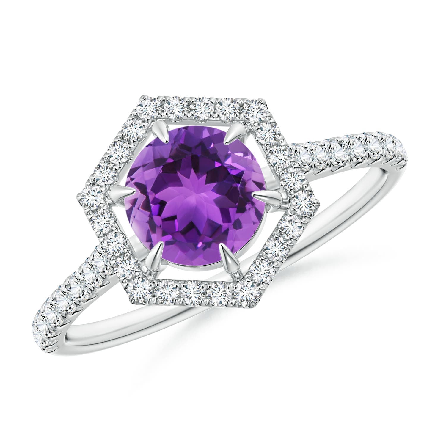 ANGARA Natural Round Amethyst Ring with Hexagonal Diamond Halo in 14K ...