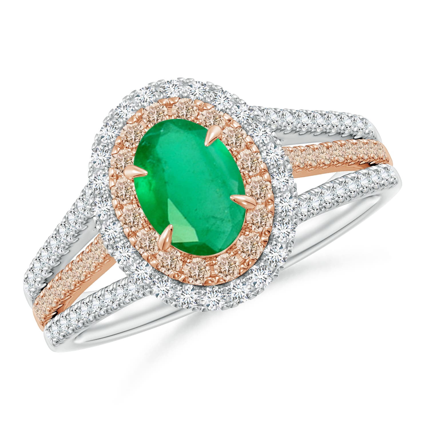 ANGARA Natural Emerald & Coffee Diamond Double Halo Ring in Two Tone ...