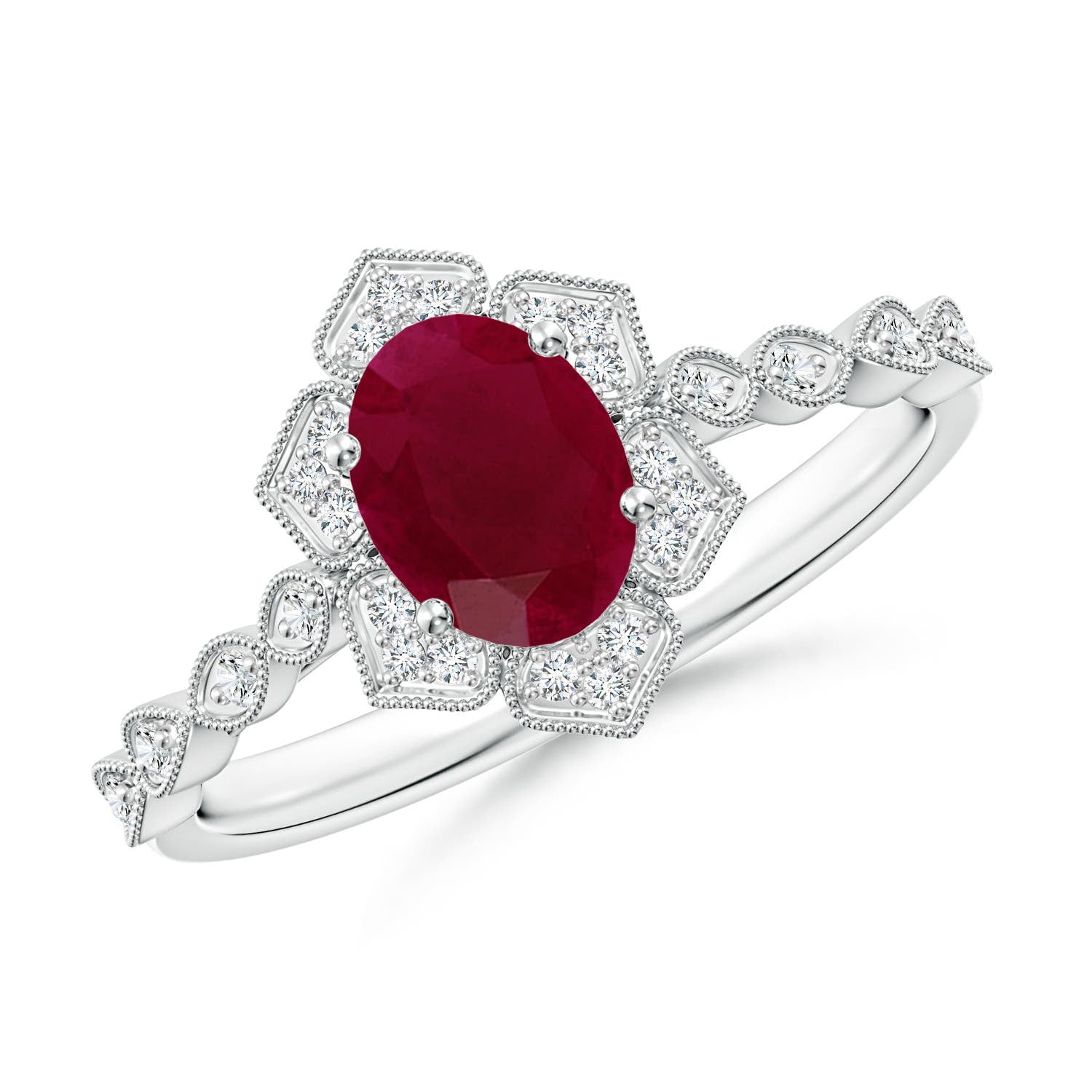 ANGARA Natural Oval 1 ct Ruby Trillium Floral Shank Ring in 14K White ...