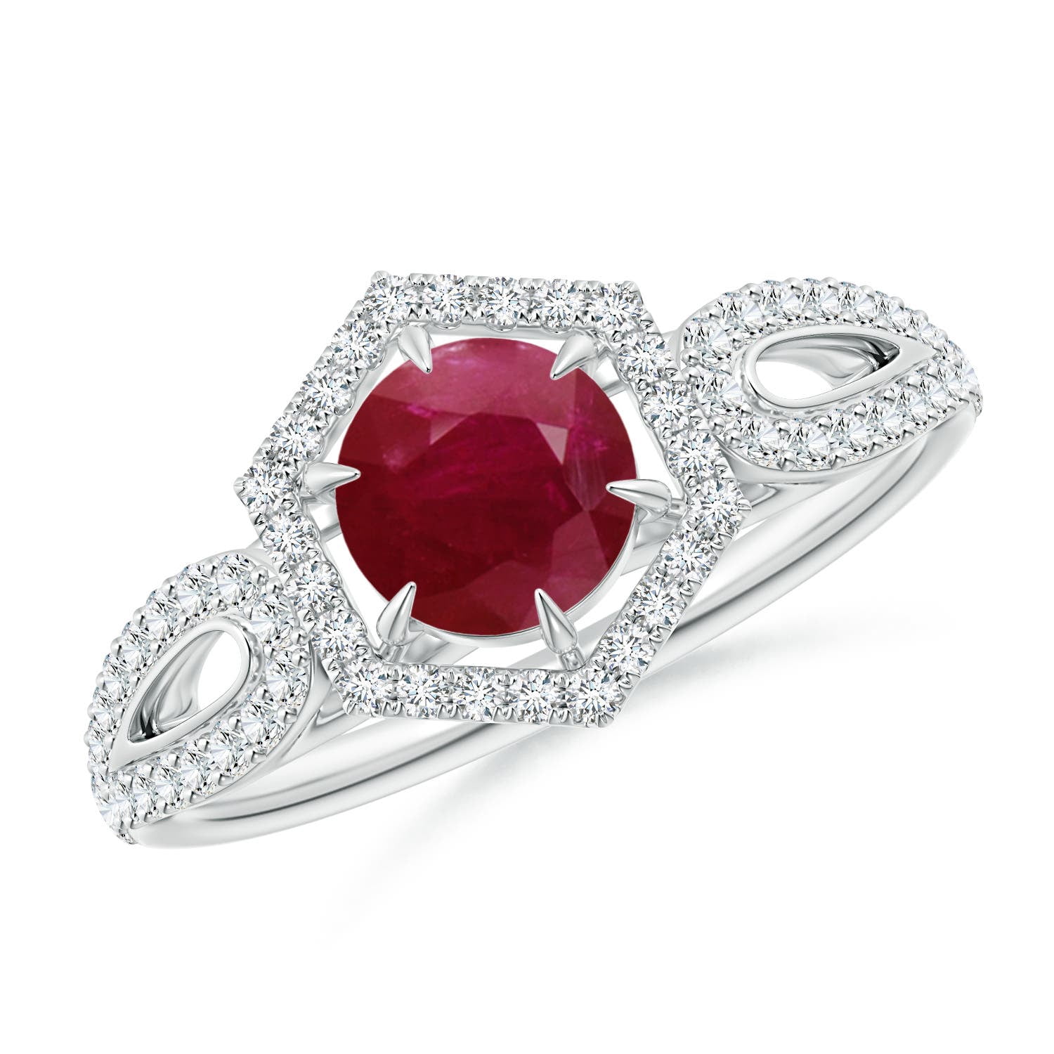 ANGARA Natural Ruby Split Shank Ring with Diamond Hexagon Halo in 14K ...