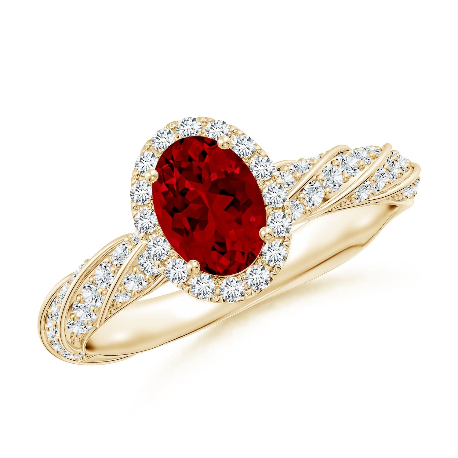 ANGARA Oval Lab Grown 1 Ct Ruby Halo Twisted Rope Shank Engagement Ring ...