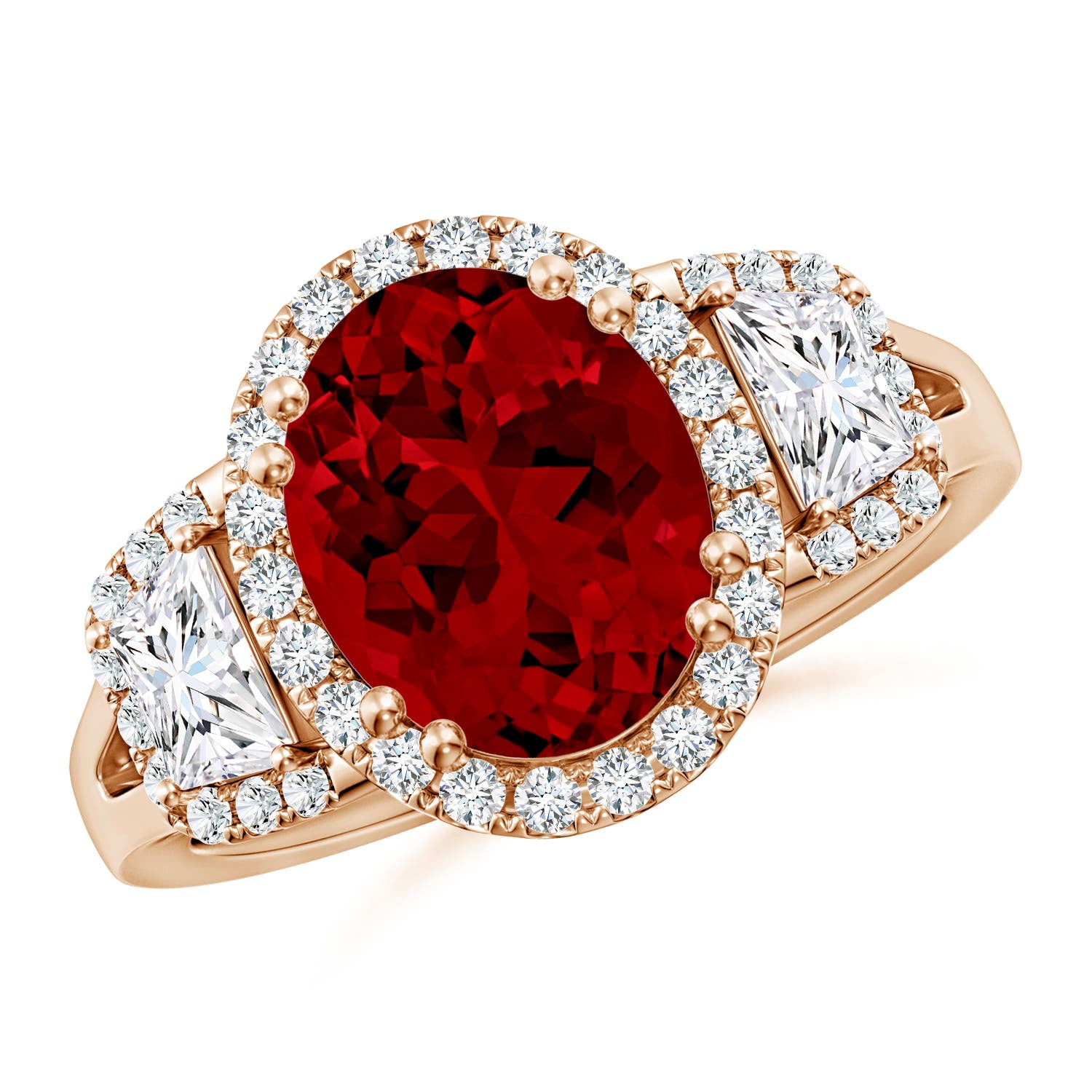 ANGARA Three Stone Lab Grown 3.3 Ct Ruby & Trapezoid Diamond Halo ...