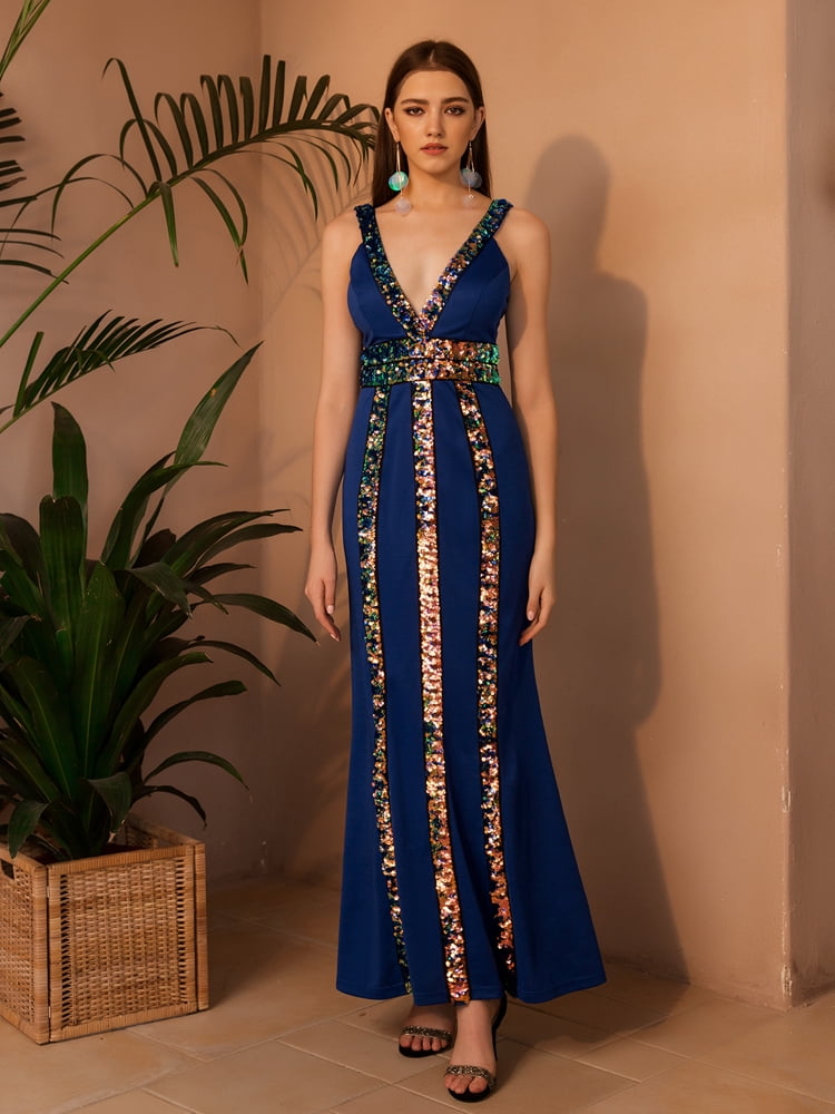 ANGEL FASHIONS Women Plunging Neck Sequin Stripe Blue Prom Dress ...