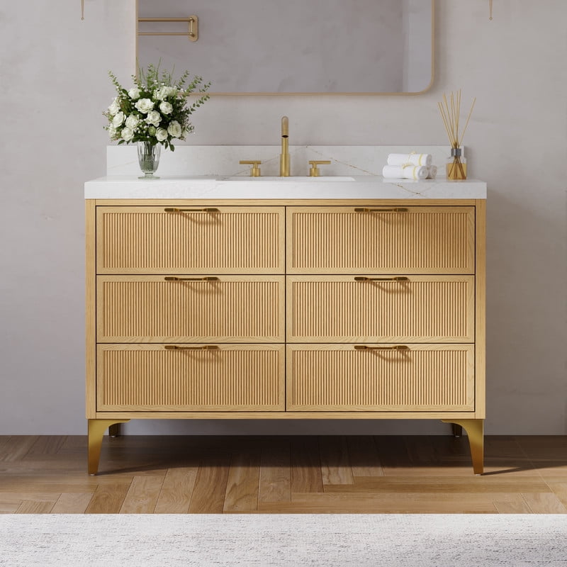 ANGELES HOME 48" Modern Solid Oak Bathroom Vanity with Calacatta Quartz ...
