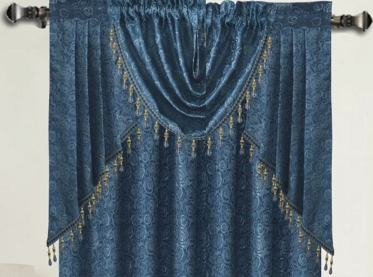 Angelina Damask 7 Piece Blue Curtain Set with Beaded Austrian Valances ...