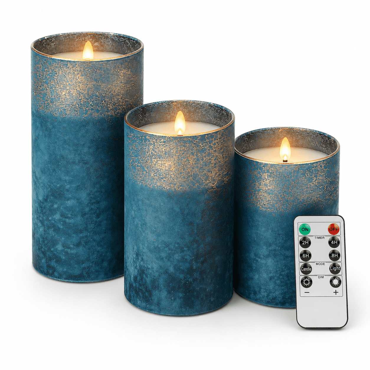 ANGELLOONG Blue Glass Flameless Pillar Candles with Remote Timer ...