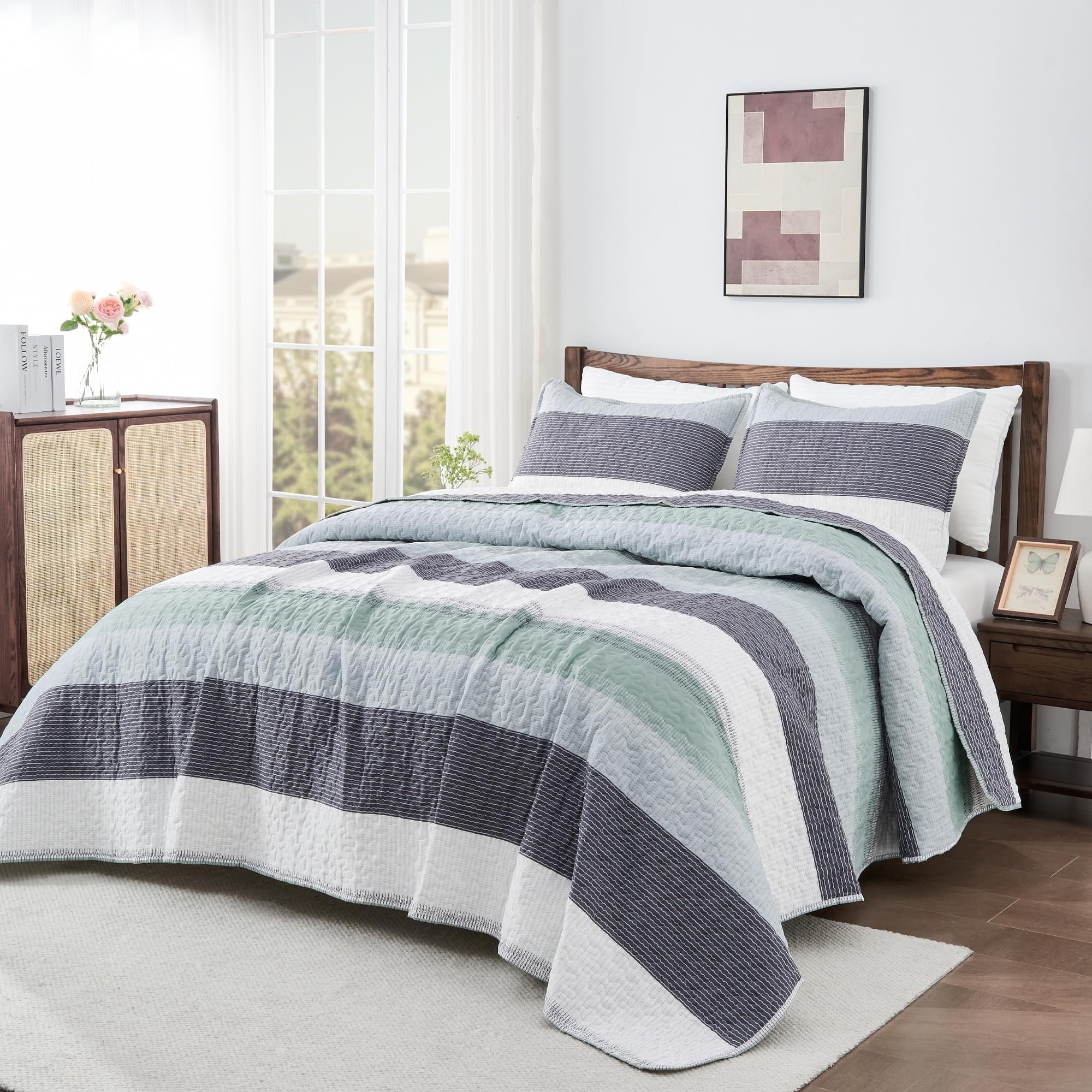 ANGENIA Queen Quilt Sets Mint Green, 3 Pieces Patchwork Striped Soft ...