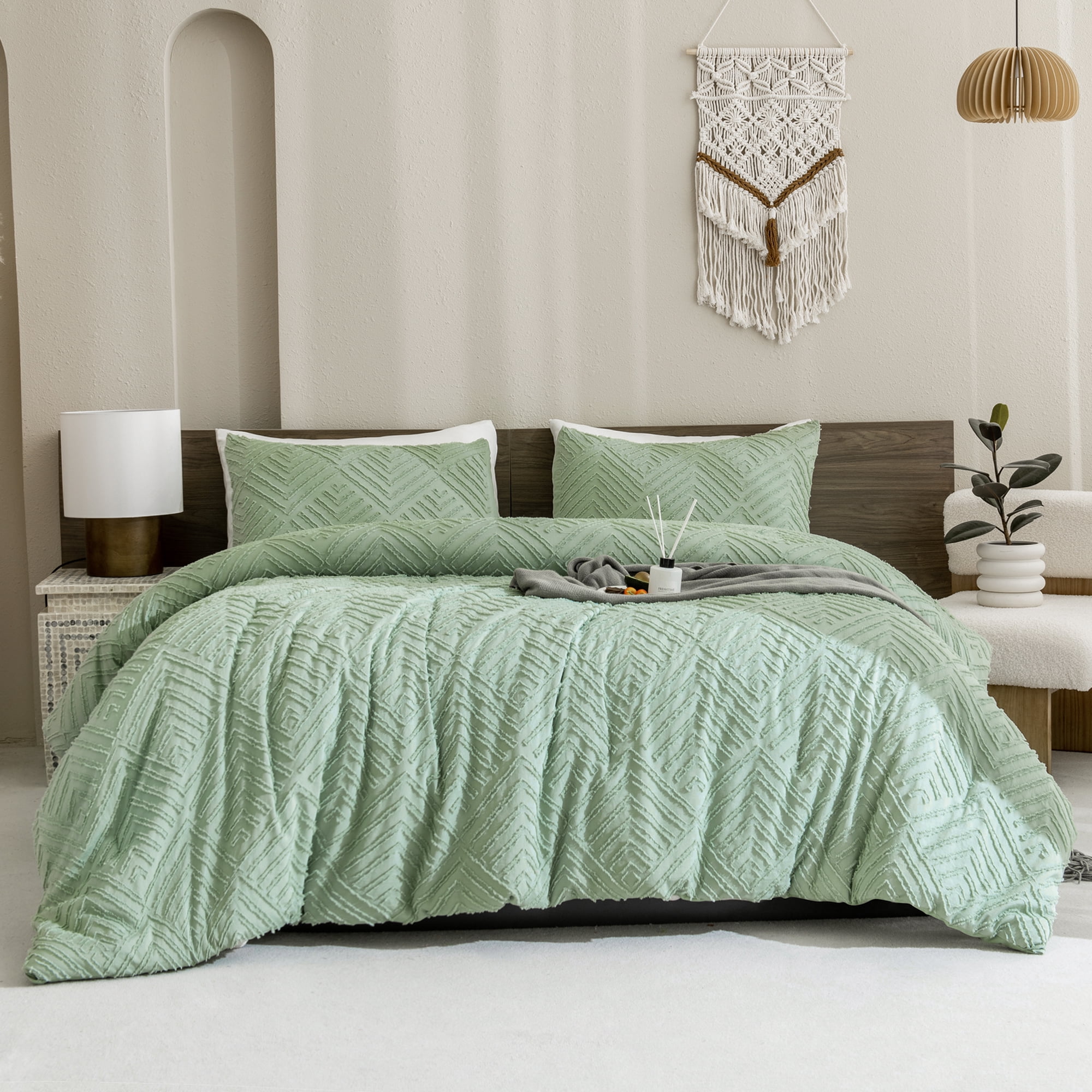 ANGENIA Queen Size Comforter Sets Sage Green, 3 Pieces Cozy Fluffy Boho ...