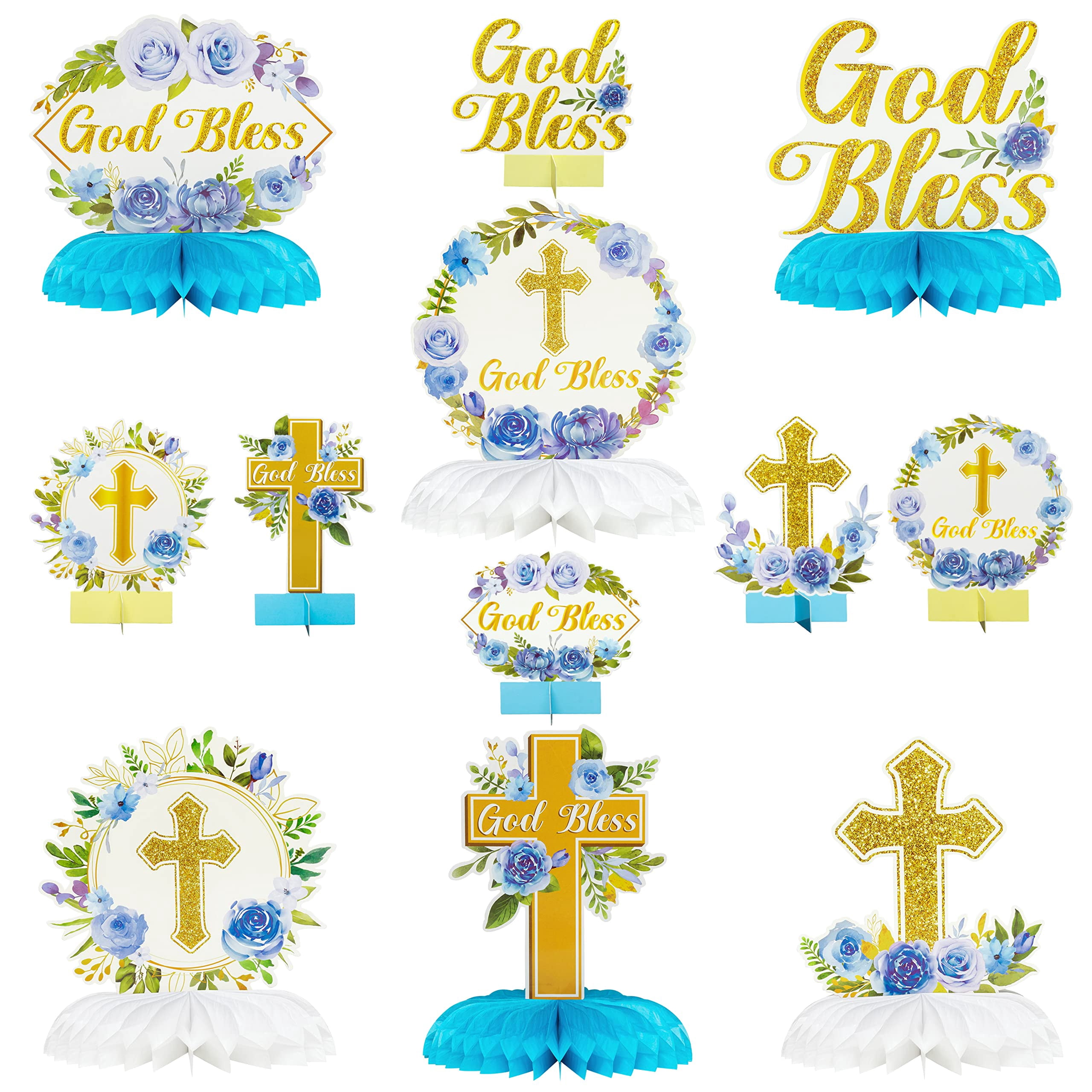 ANGOLIO 12Pcs Blue Floral IFF17 God Bless Honeycomb Baptism Party ...