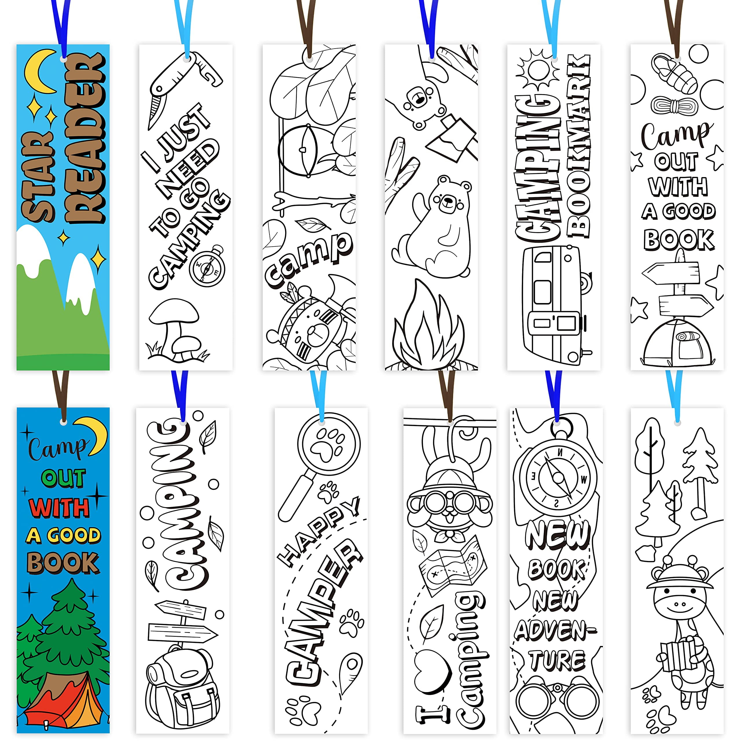 ANGOLIO 75Pcs Camping Color Your Own Bookmarks Kids Coloring Blank ...