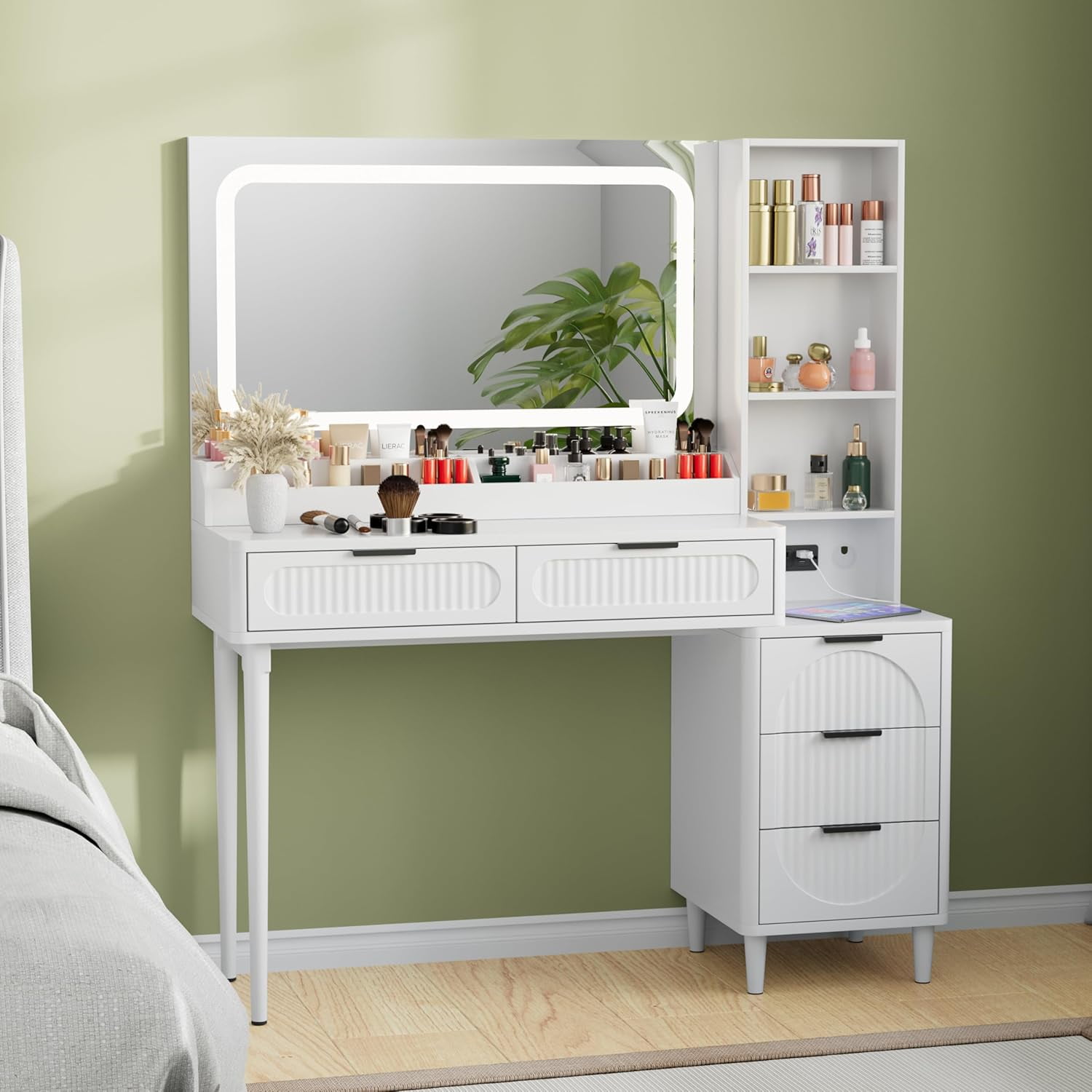 ANHDAH Modern Fluted Makeup Vanity Desk with Mirror Lights, 5 Drawers ...